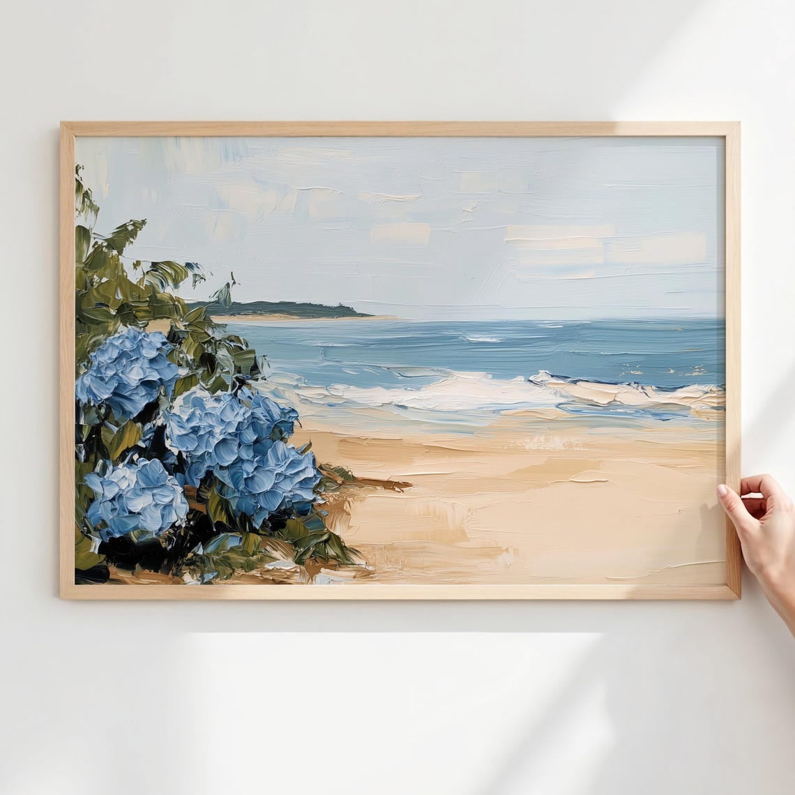 Blue Hydrangeas By Beach Print – Coastal Floral Painting - Blue Flowers ...