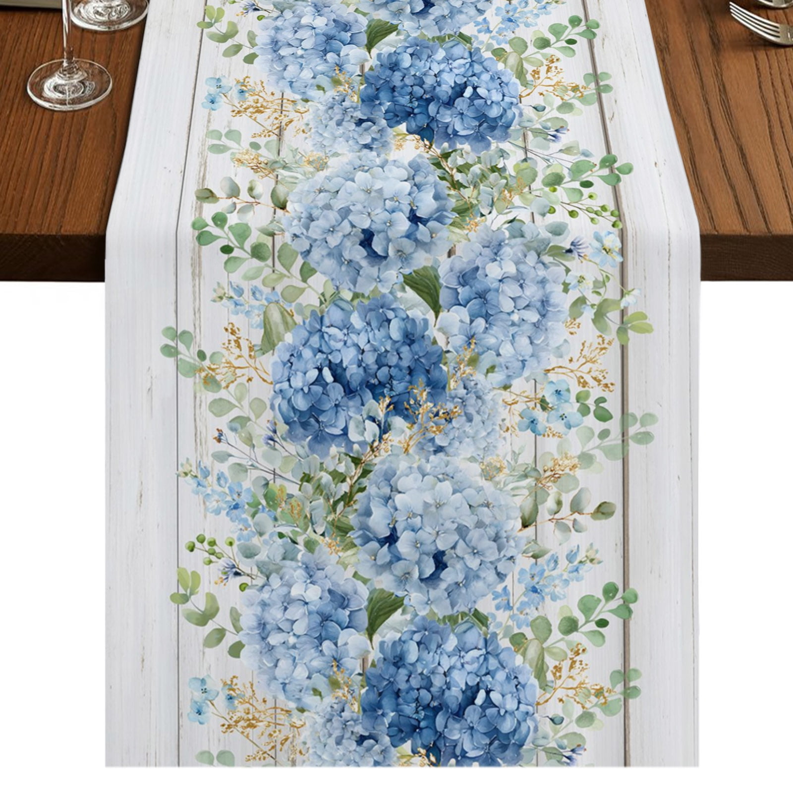 Blue Hydrangeas Burlap Cotton Table Runner 13x120 Inches Long, Spring ...