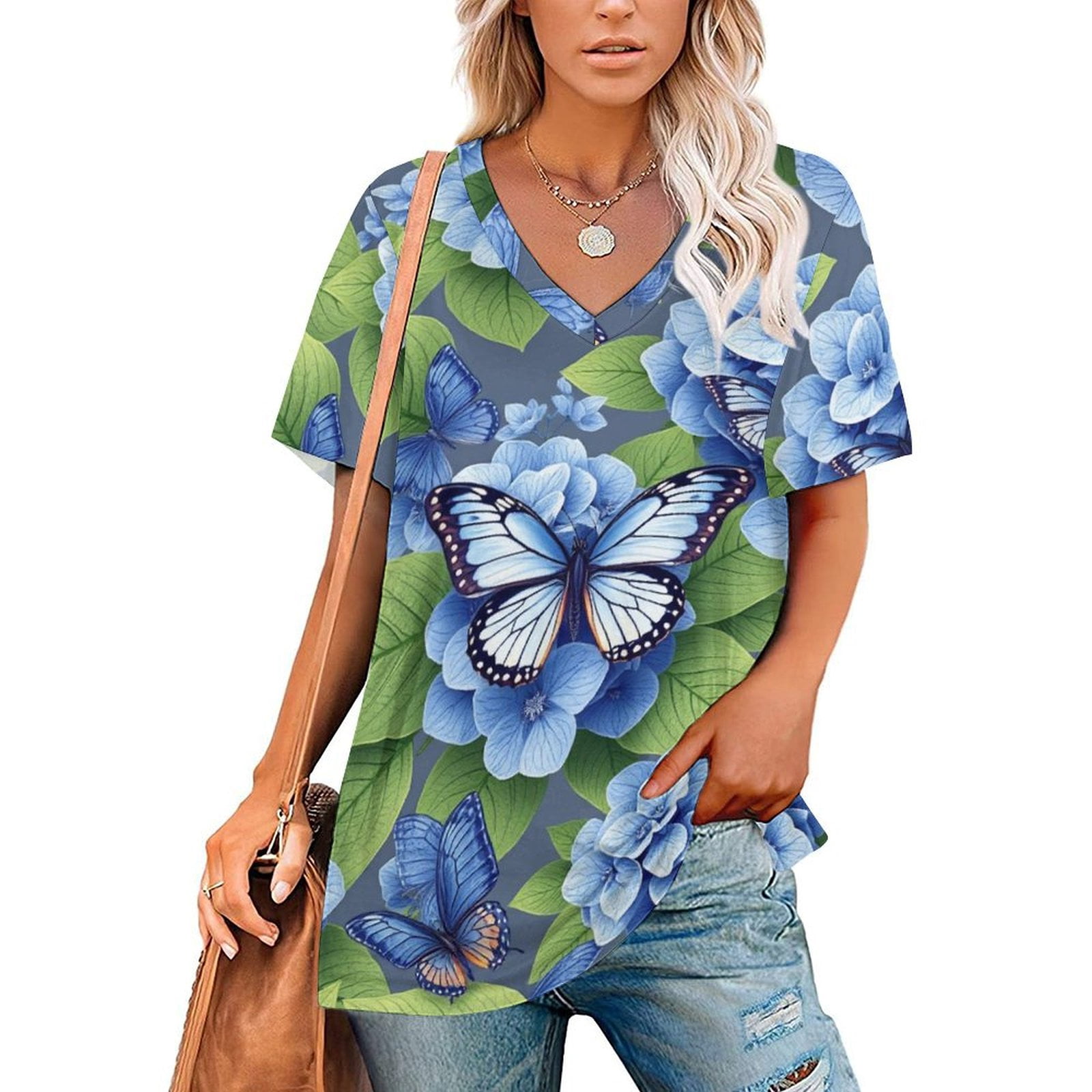 Blue Hydrangeas Butterflies Flowers T Shirts V Neck Short-Sleeve ...