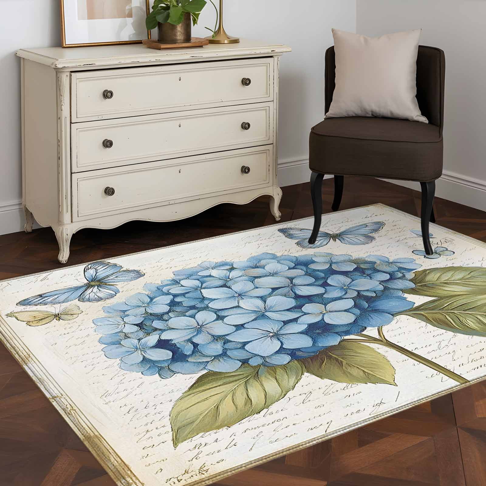 Blue Hydrangeas Butterfly 4x6 Rug for Dining Table for 4 People Under ...