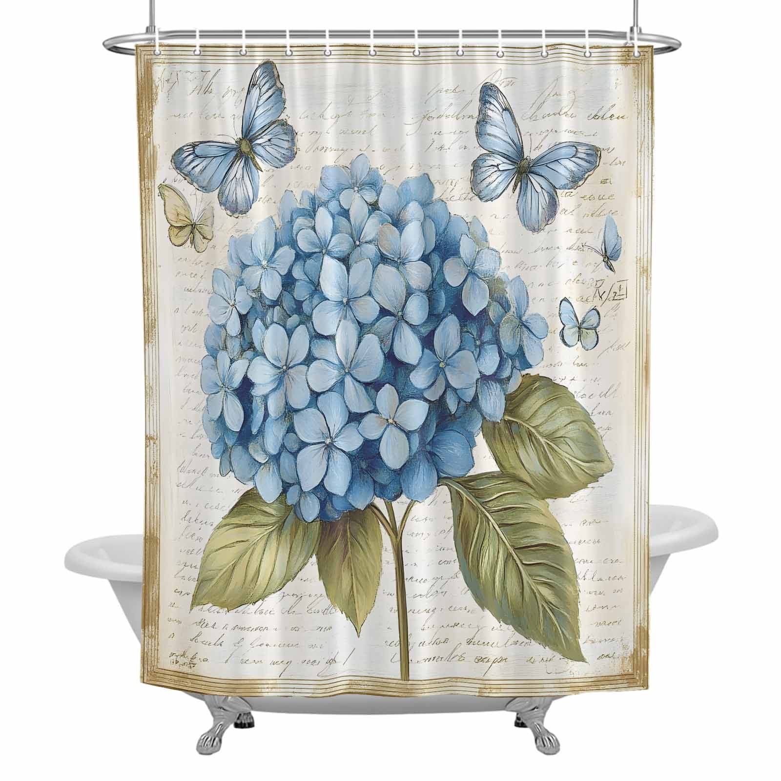 Blue Hydrangeas Butterfly Shower Curtain for Bathroom, Vintage Rustic ...