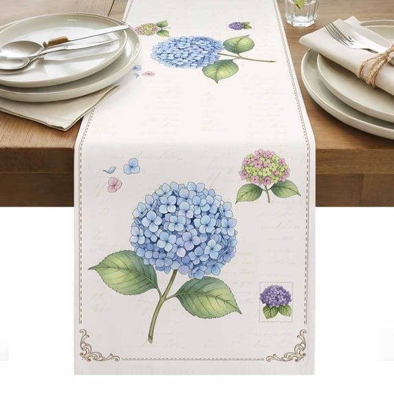 Blue Hydrangeas Cotton Linen Table Runner Country Pastoral Watercolor ...