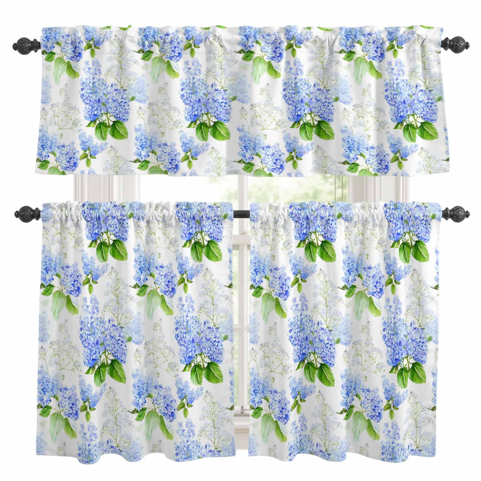 Blue Hydrangeas Curtain Valances Set Spring Flower Green Leaves Plant ...