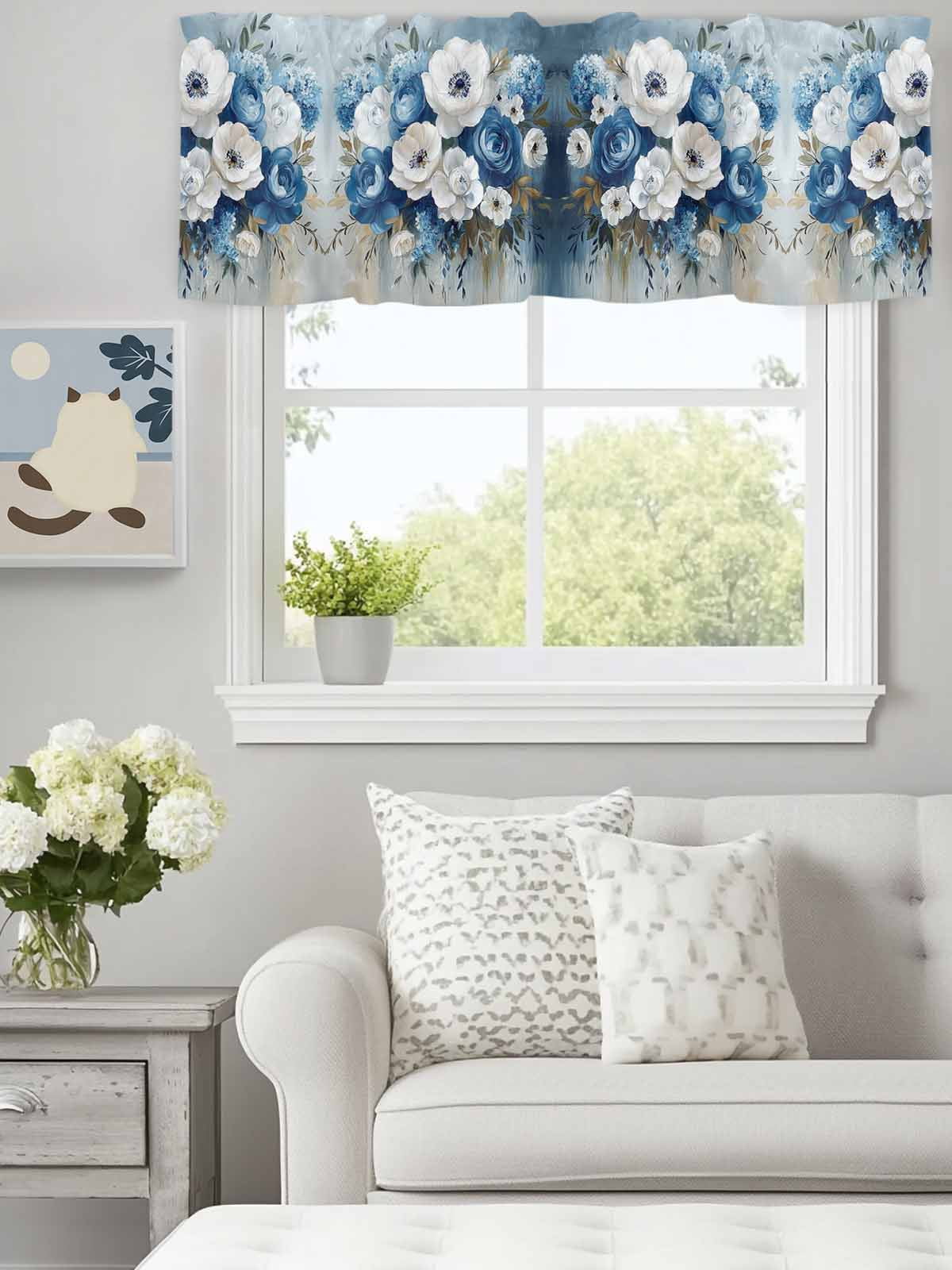 Blue Hydrangeas Floral Art Valances for Windows,Rod Pocket Valance for ...