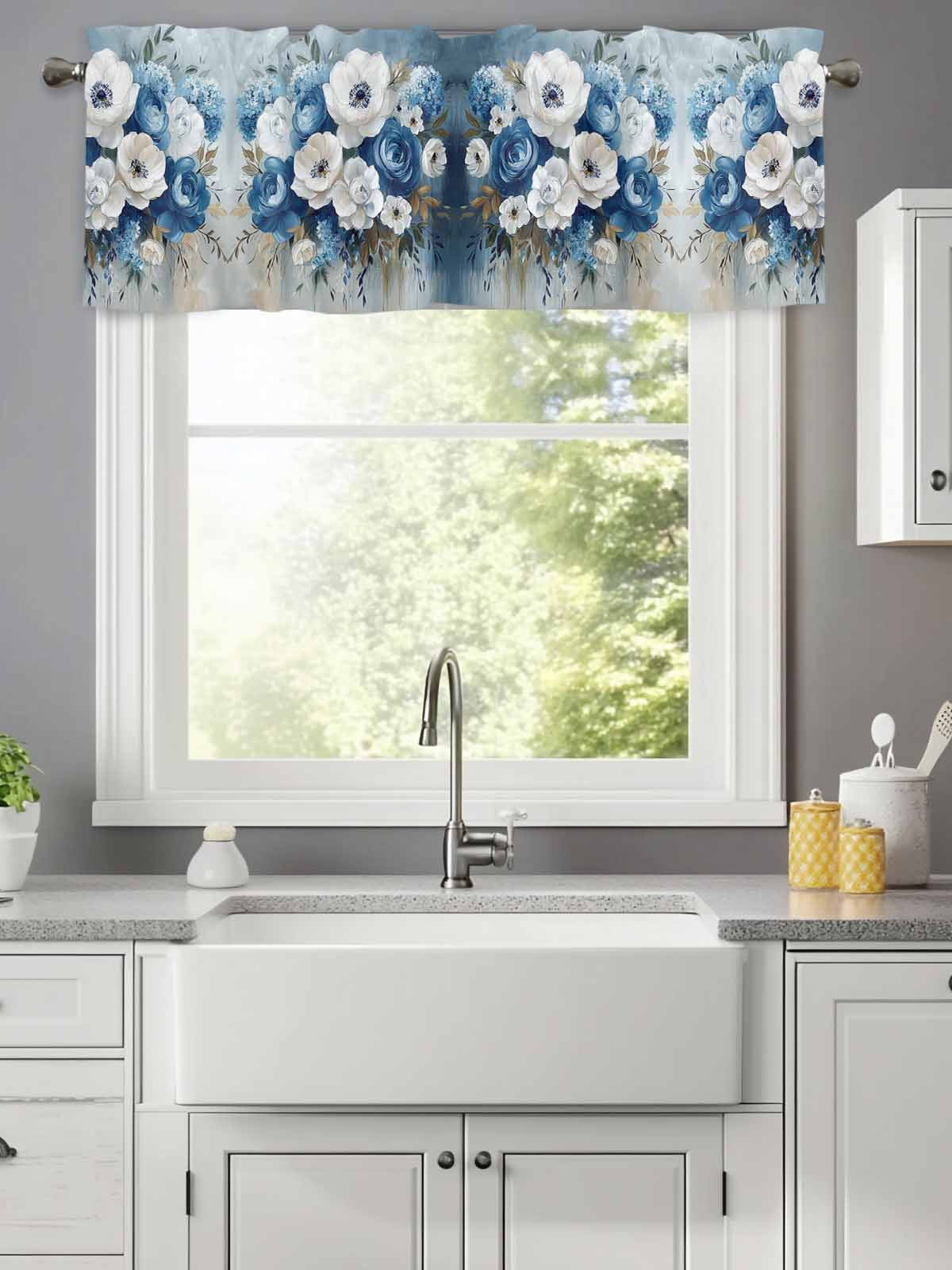 Blue Hydrangeas Floral Art Valances for Windows,Rod Pocket Valance for ...
