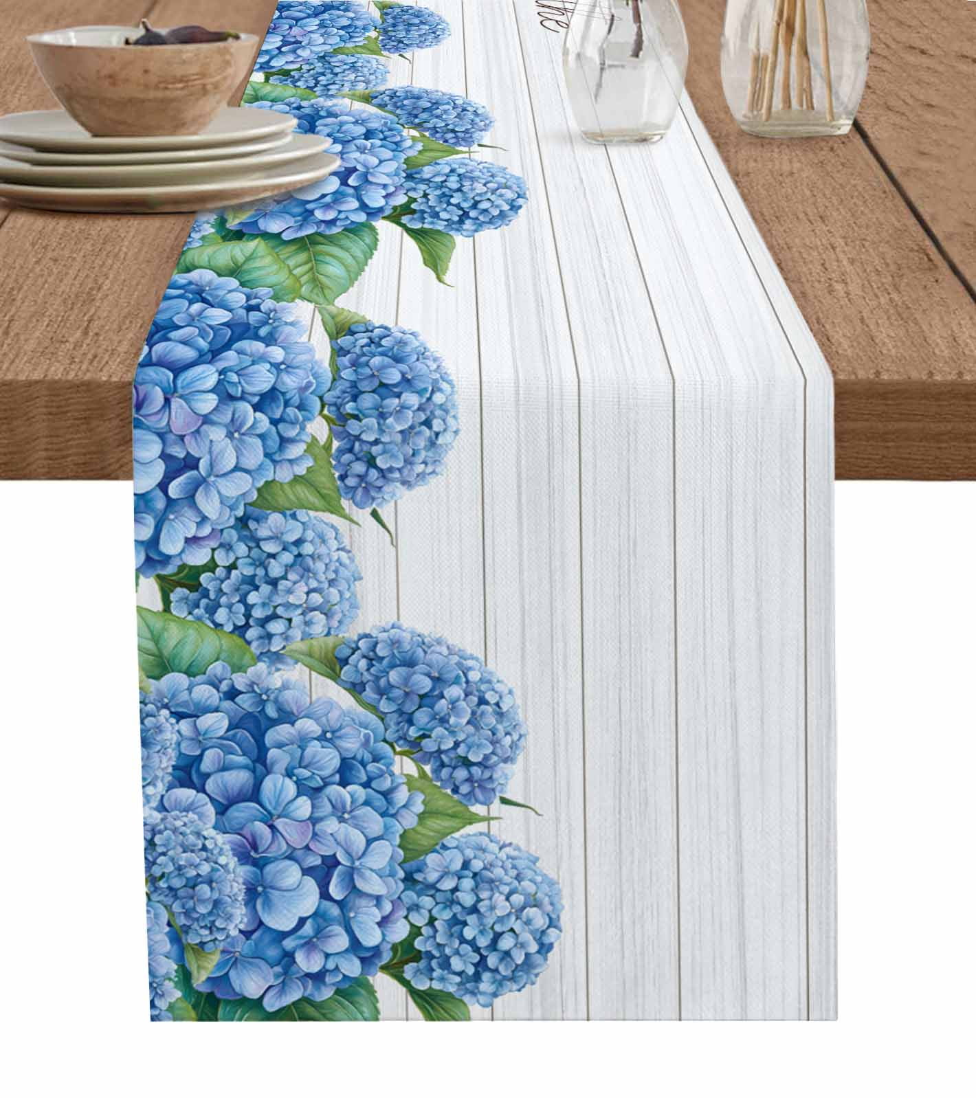 Blue Hydrangeas Floral Burlap Cotton Table Runner 14x72 Inches Long, Spring Summer Flower Wooden ...