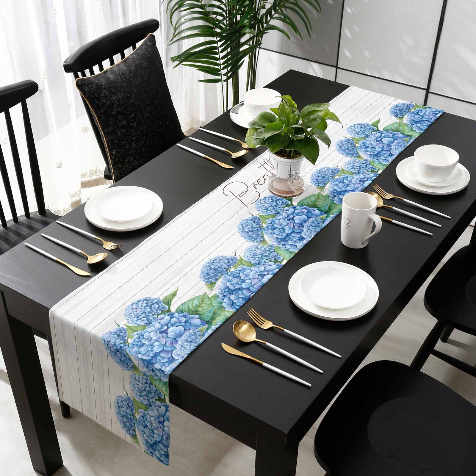 Blue Hydrangeas Floral Cotton Linen Table Runner 18 x 72 inch Spring ...