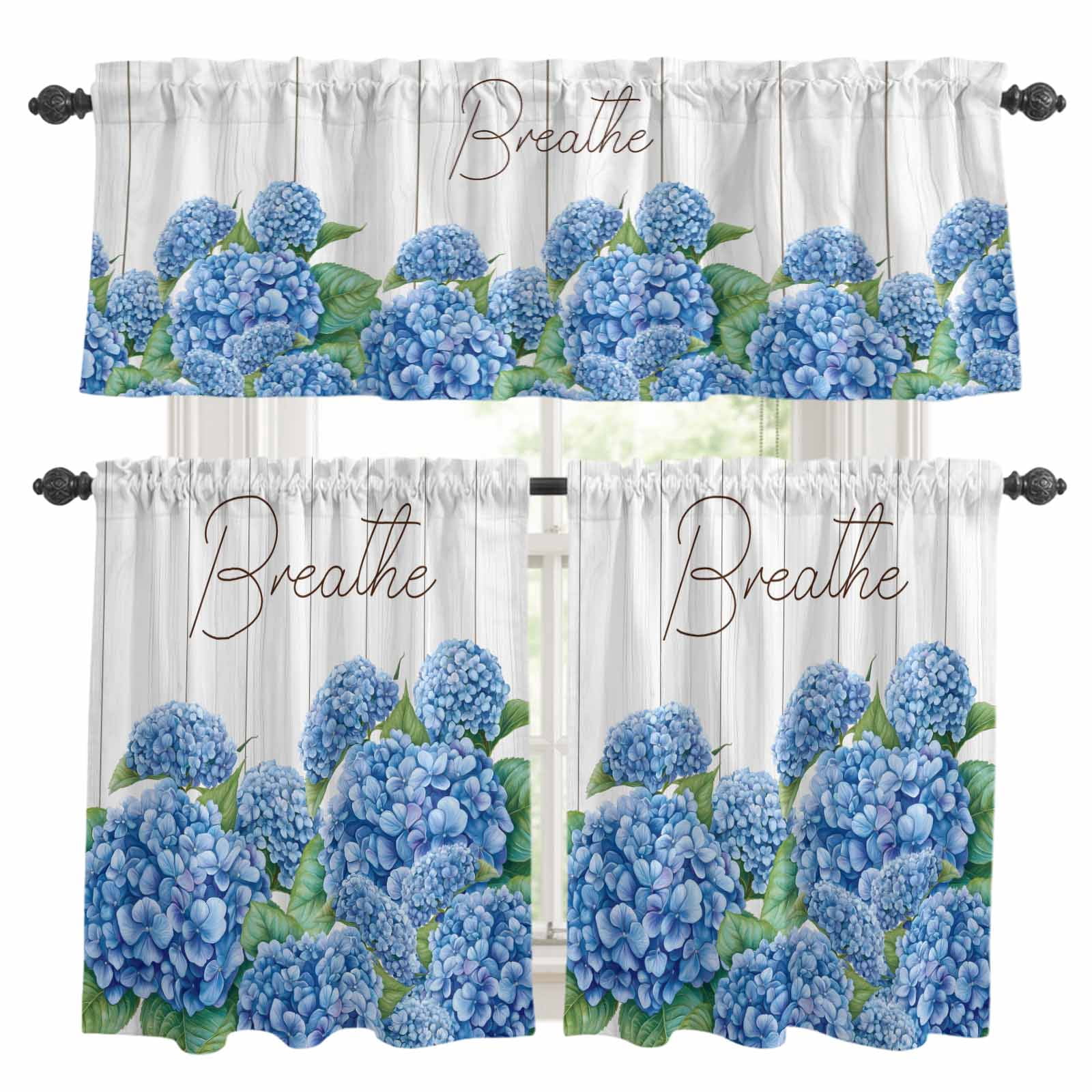 Blue Hydrangeas Floral Kitchen Curtains Sets for Windows 24 Inch Length ...