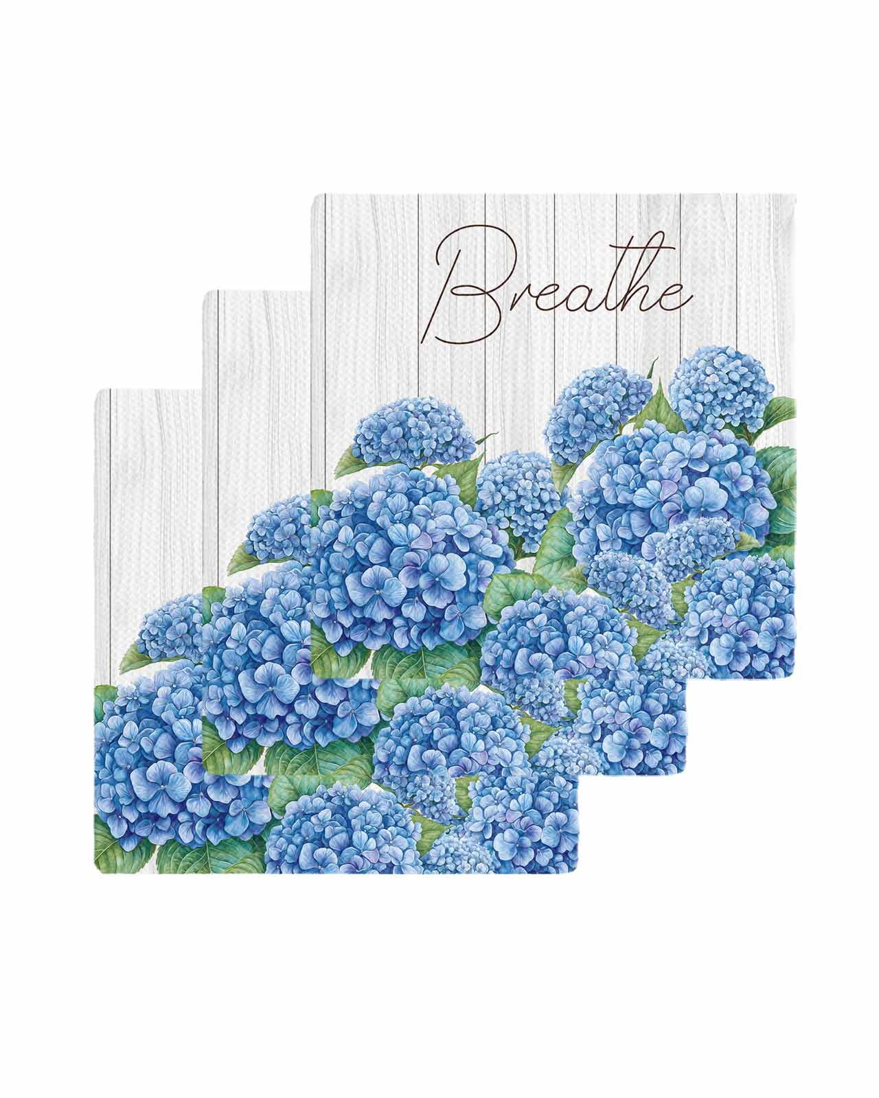 Blue Hydrangeas Floral Kitchen Dish Towels for Drying Dishes Set of 3, Spring Summer Flower ...