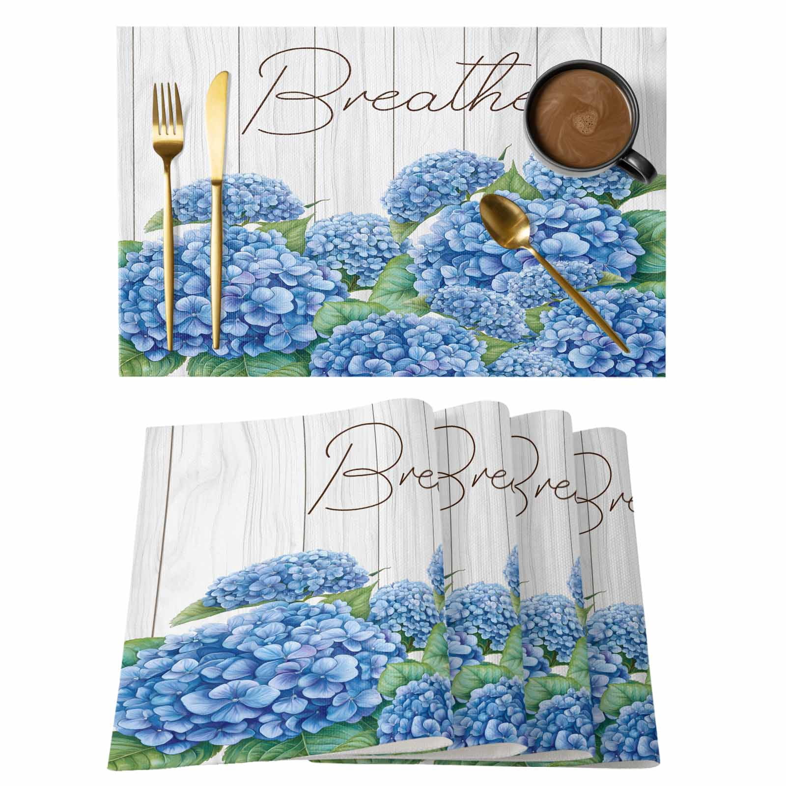 Blue Hydrangeas Floral Placemats Set of 4 Spring Summer Flower Wooden ...