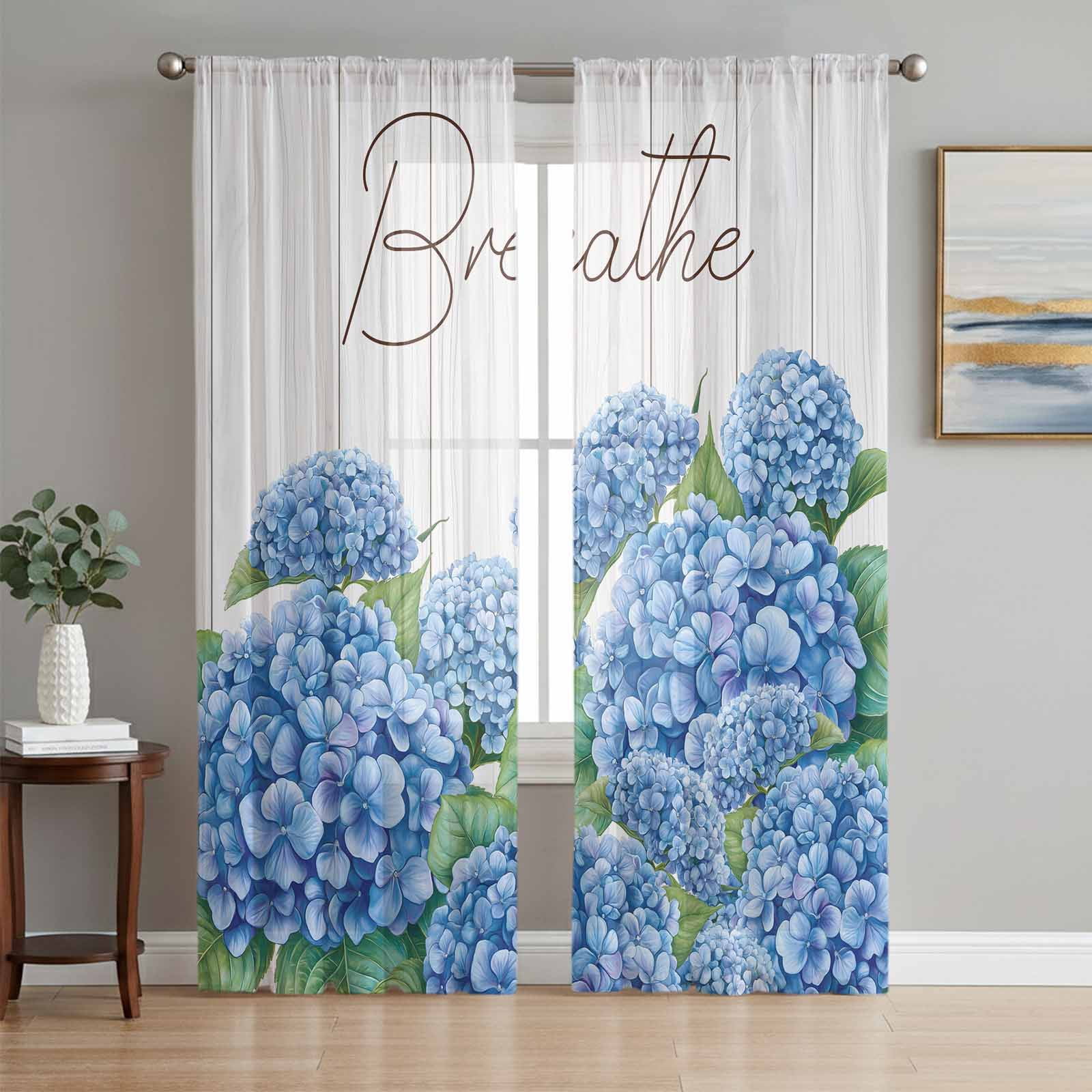 Blue Hydrangeas Floral Sheer Curtains 63 Inch Length 2 Panels Set ...