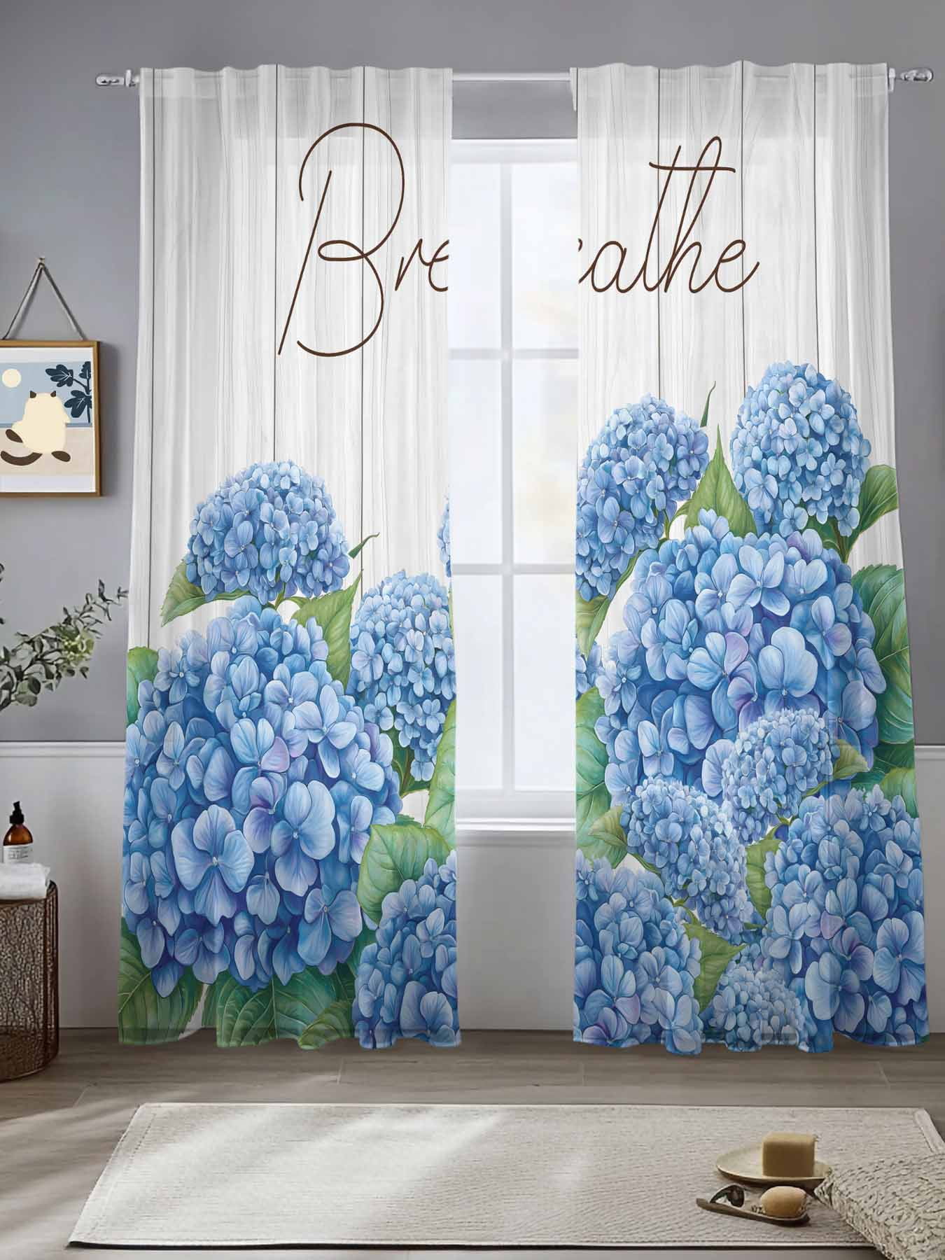 Blue Hydrangeas Floral Sheer Curtains for Living Room Bedroom Spring ...