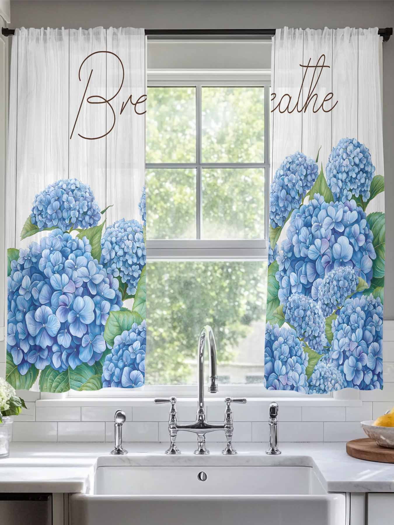 Blue Hydrangeas Floral Sheer Curtains for Living Room Bedroom Spring ...