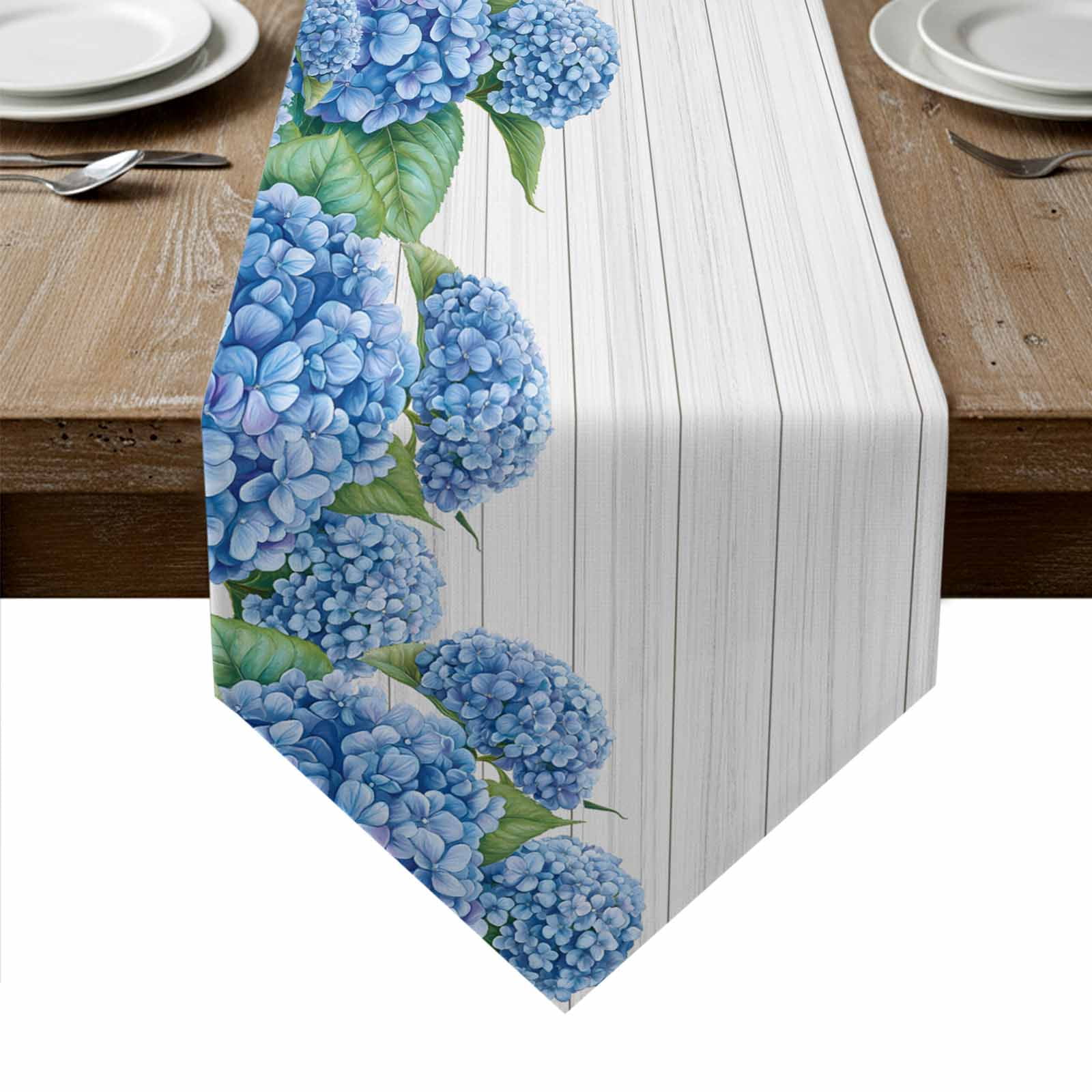 Blue Hydrangeas Floral Table Runner Linen Burlap Table Runner 72 Inches ...