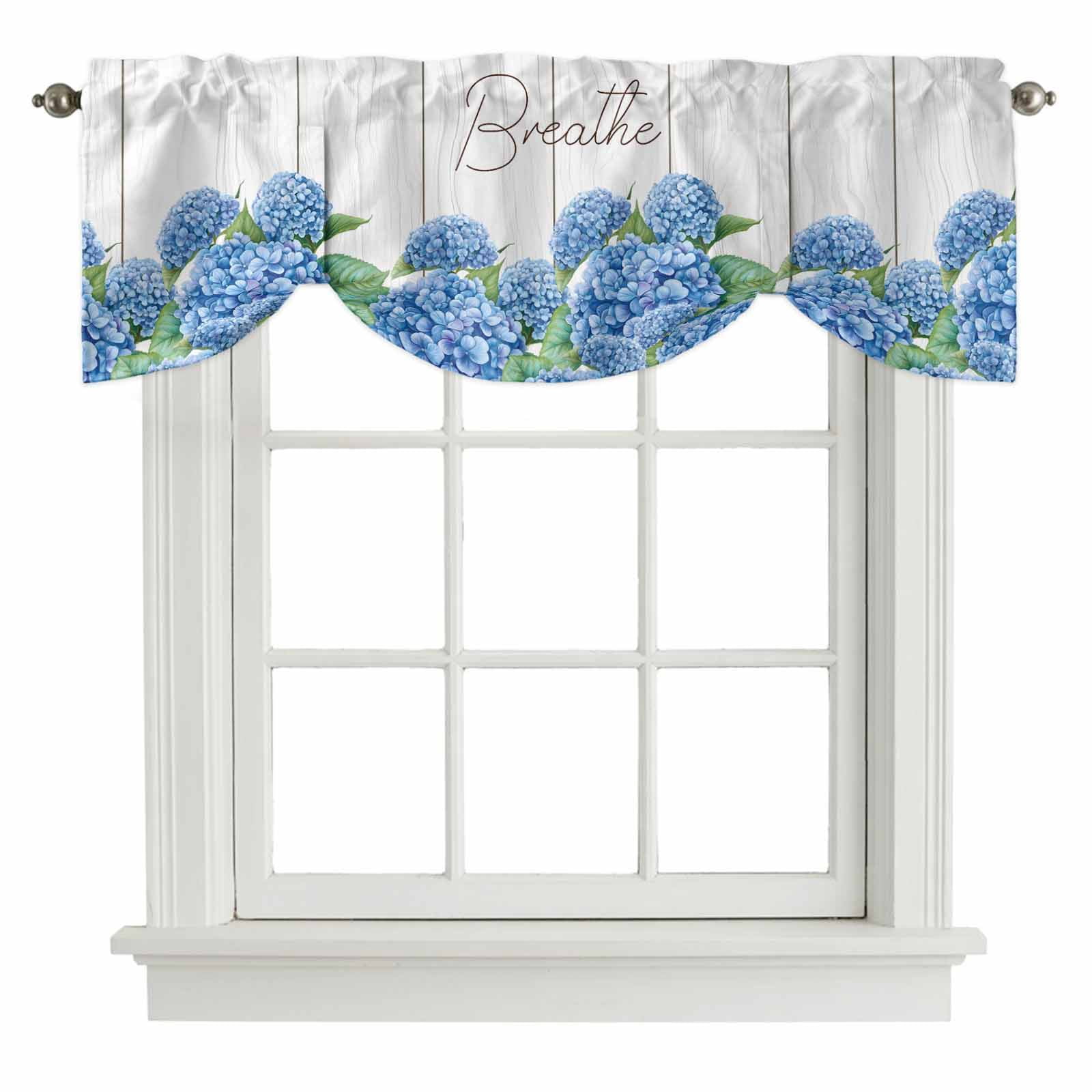 Blue Hydrangeas Floral Tie Up Valance Curtains for Windows, Kitchen ...