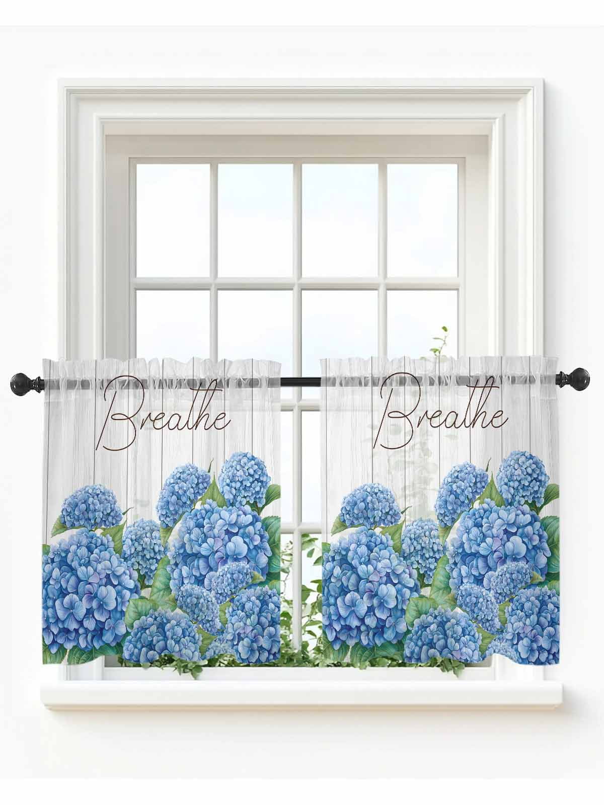 Blue Hydrangeas Floral Tier Curtains 24 Inch Length,Sheer Curtains for ...