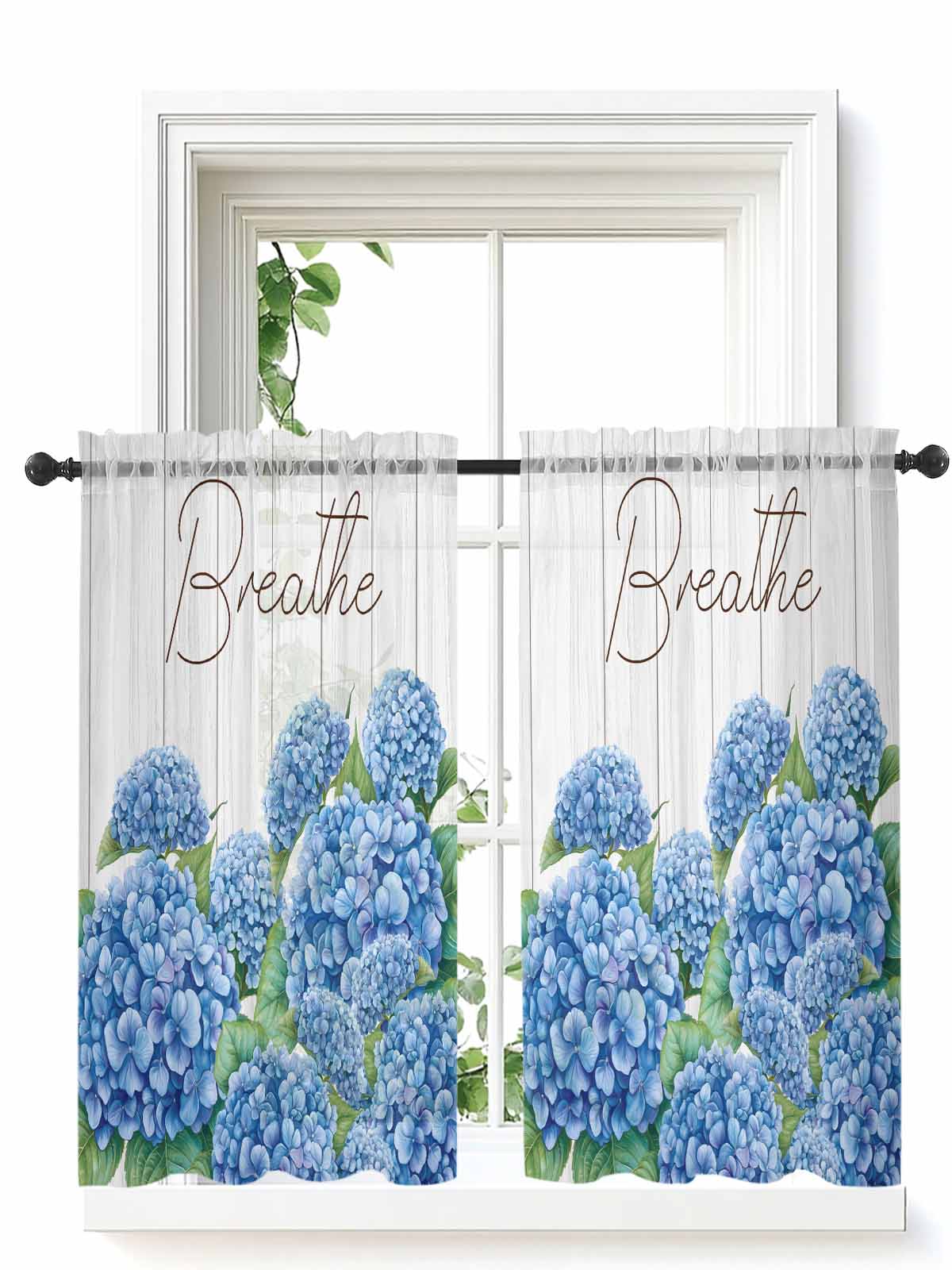 Blue Hydrangeas Floral Tier Curtains 45 Inch Length,Sheer Curtains for ...