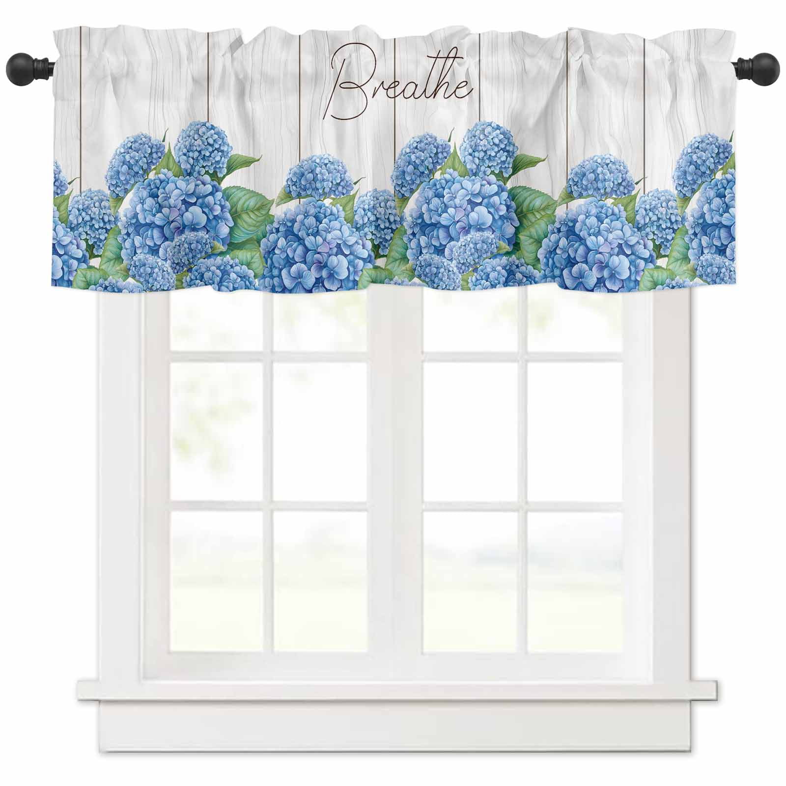 Blue Hydrangeas Floral Valances for Windows Farmhouse Kitchen Curtains ...