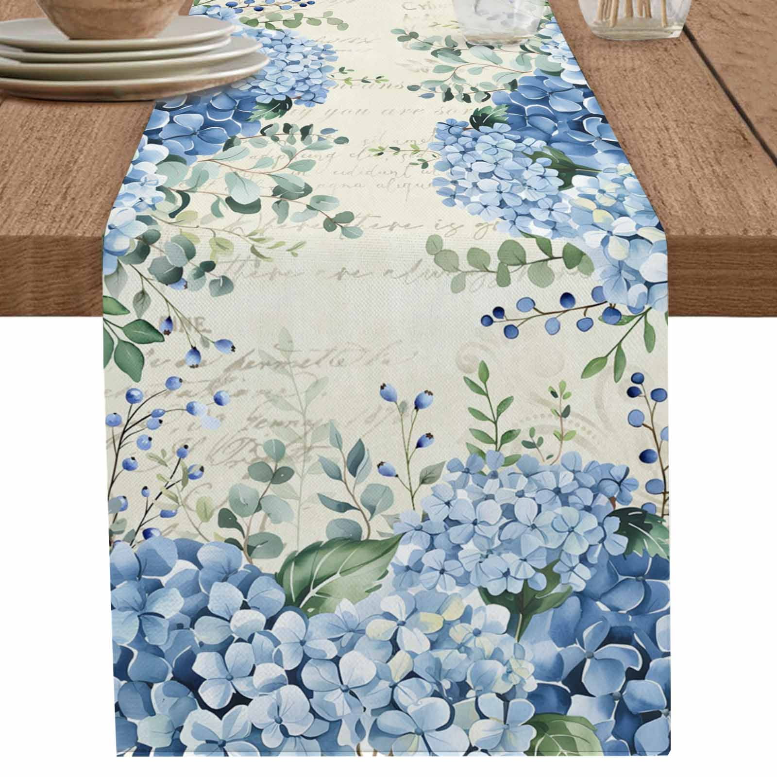 Blue Hydrangeas Flower on Vintage Letter Table Runner-70 Inch Long ...