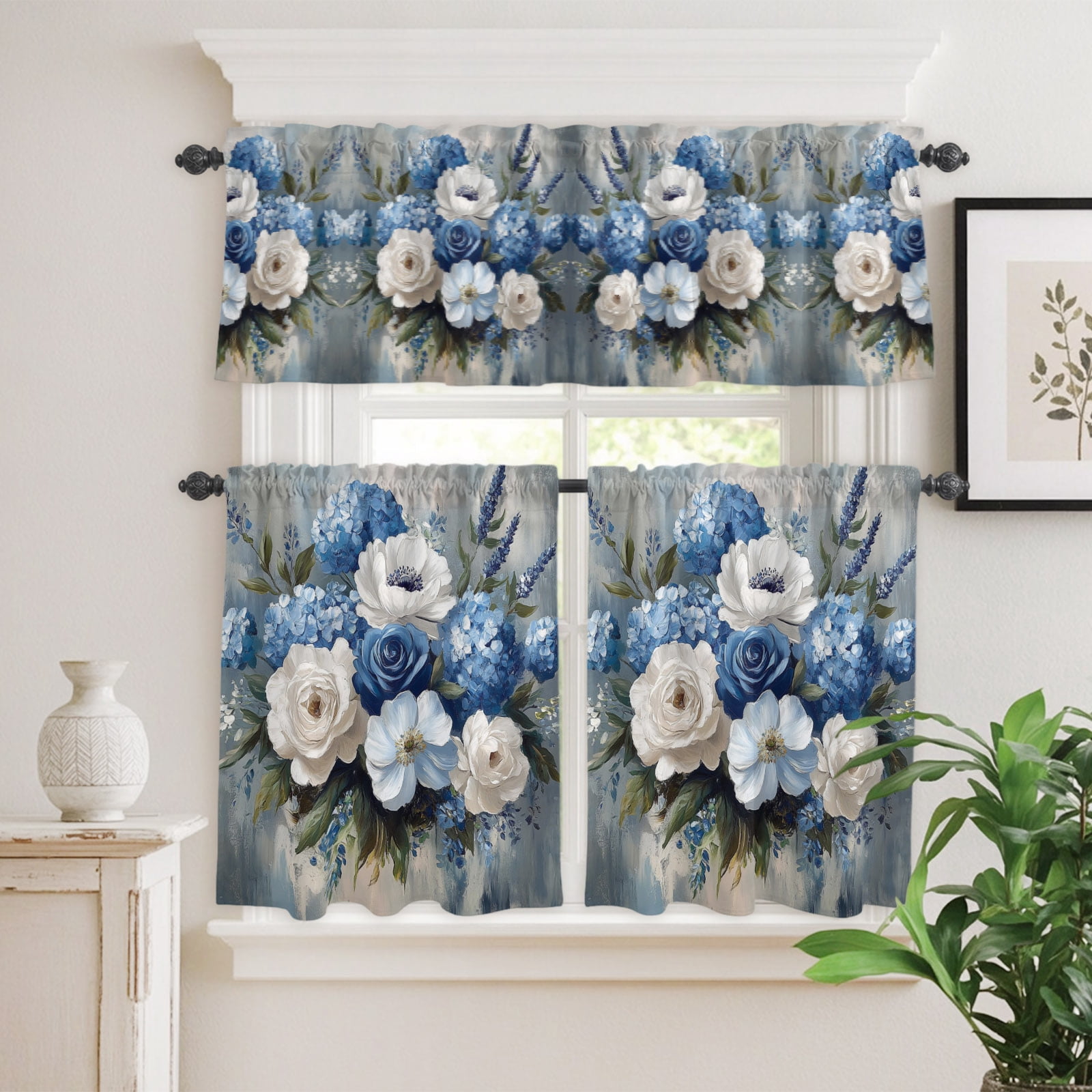 Blue Hydrangeas Garden Flower Curtain Tier and Valance Set 3 Piece ...