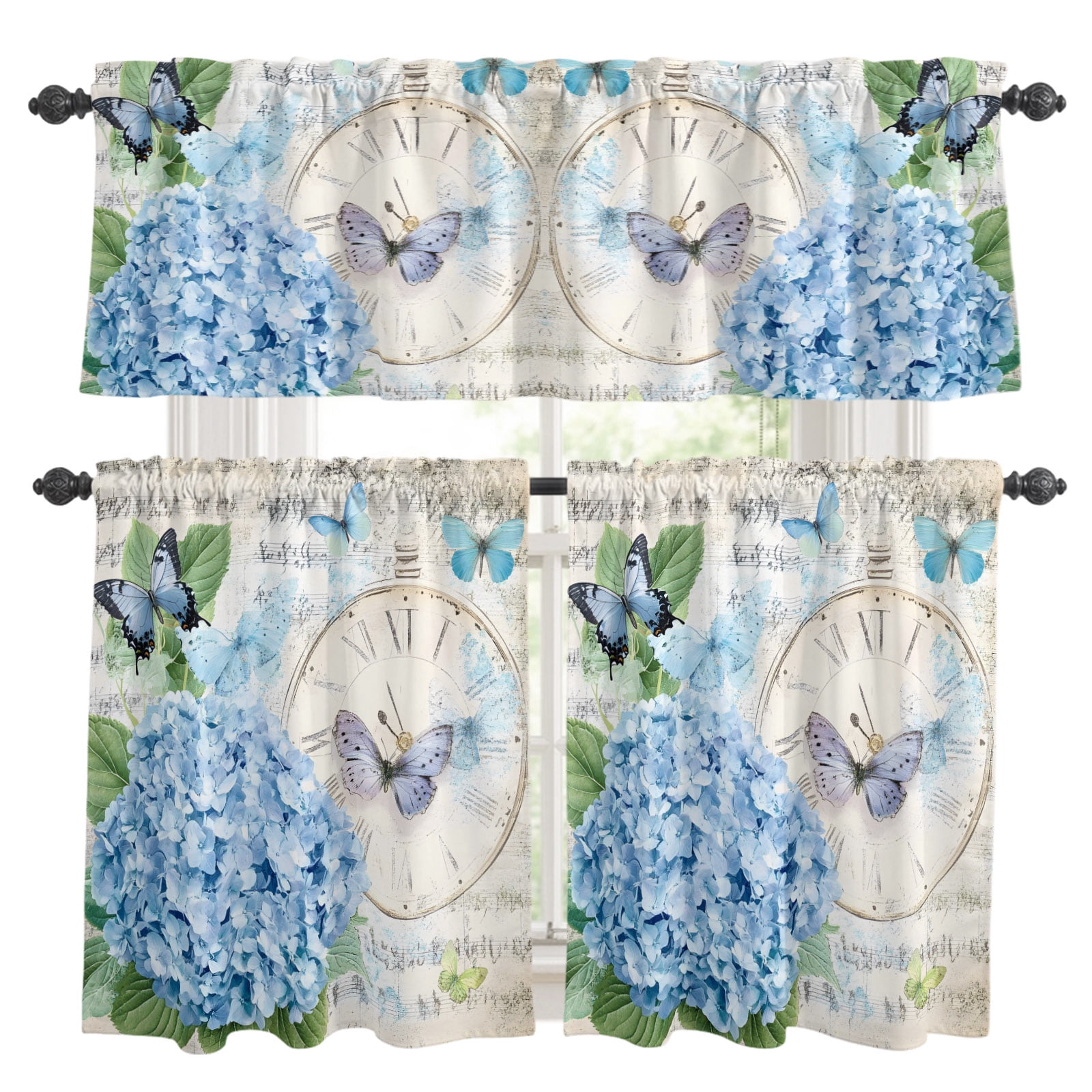 Blue Hydrangeas Kitchen Curtains Set for Windows, Vintage Butterfly ...