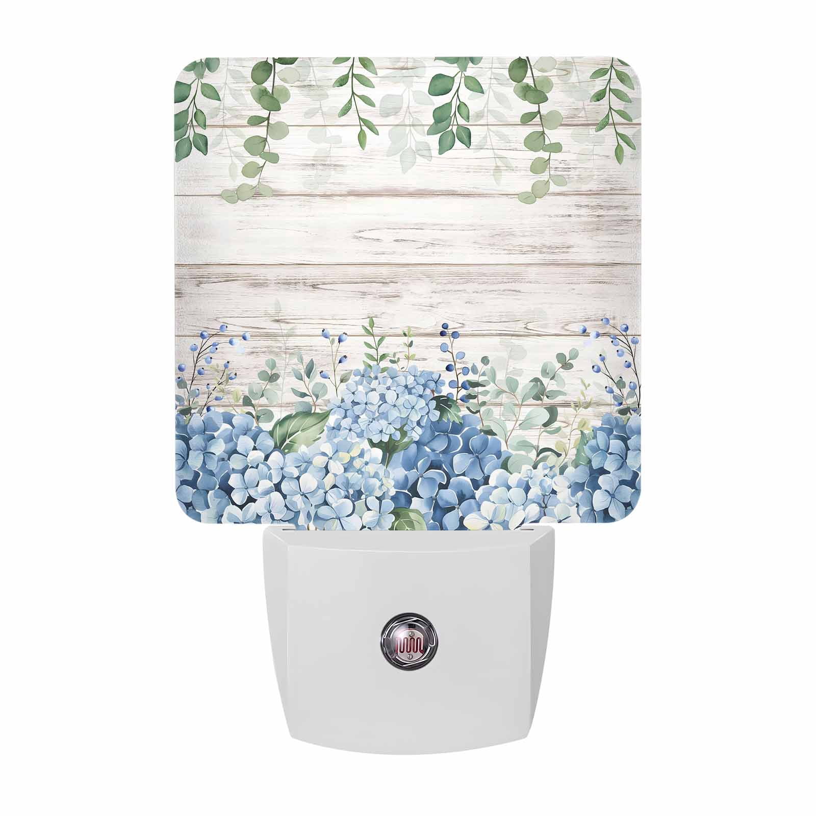 Blue Hydrangeas Leaves Plug-in LED Night Lights Floral Wood Grain Auto ...