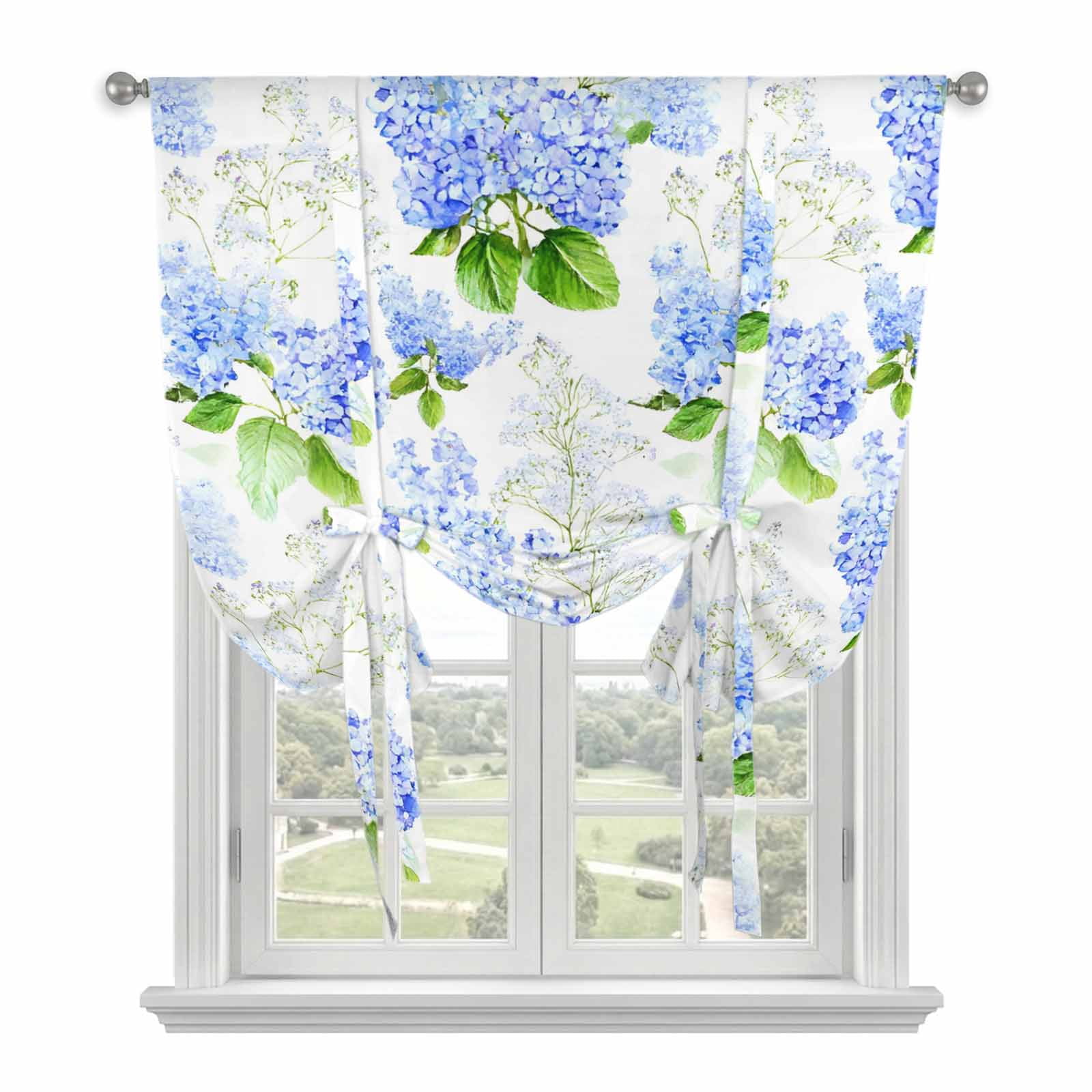 Blue Hydrangeas Tie Up Curtain 54 Inches Long, Spring Flower Green ...