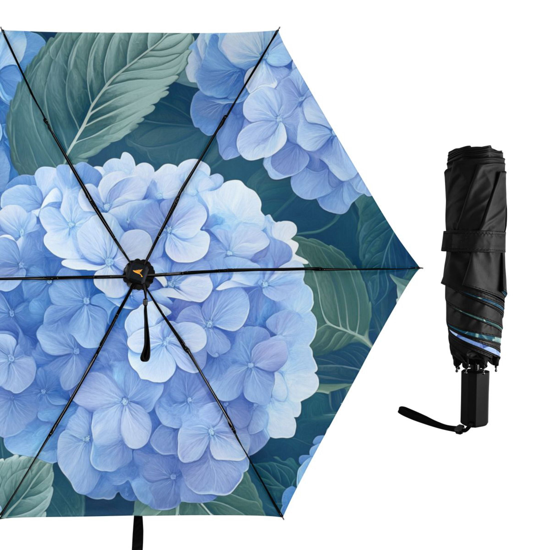 Blue Hydrangeas Triple Folding Umbrella Parasol 6 Ribs UV Protection ...