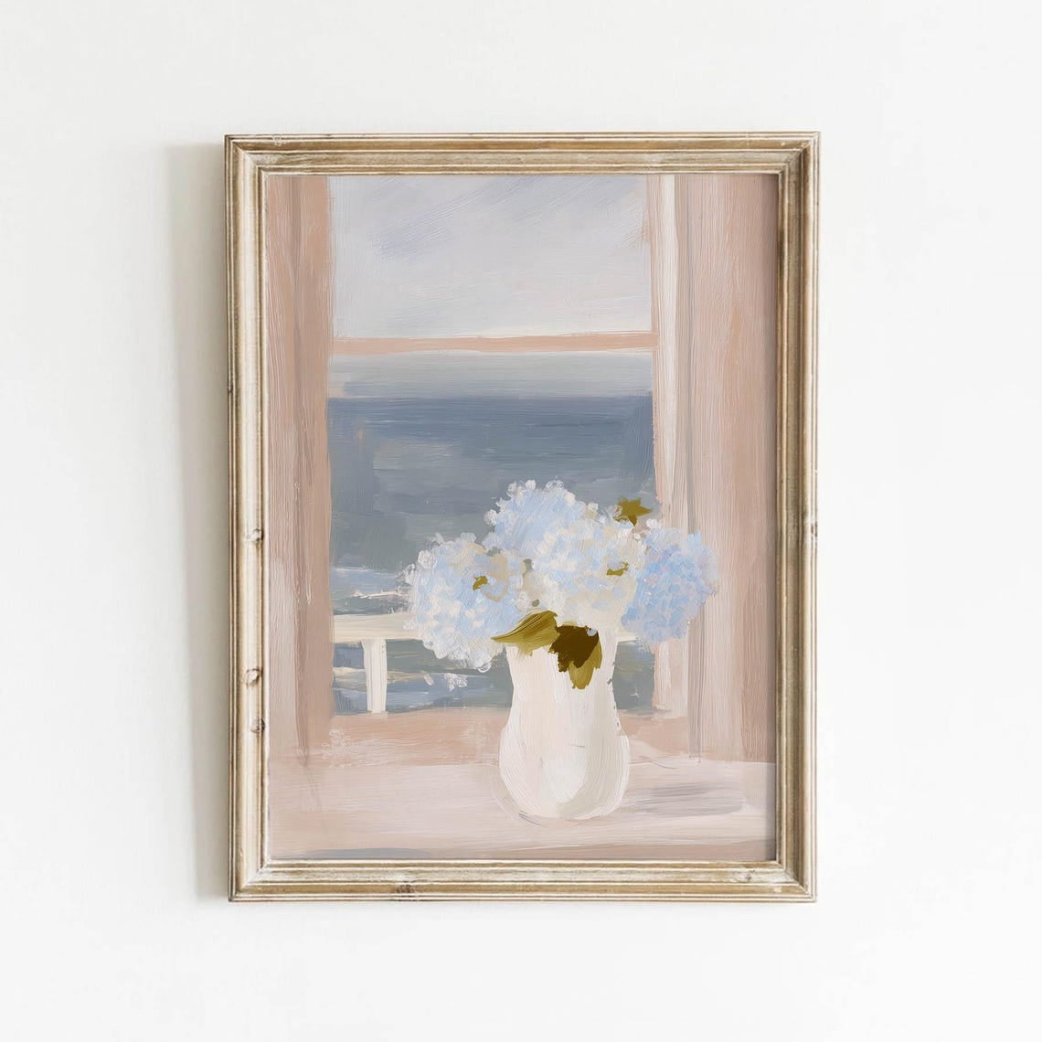 Blue Hydrangeas Vase Pastel Coastal Cottage Impressionistic Spring ...