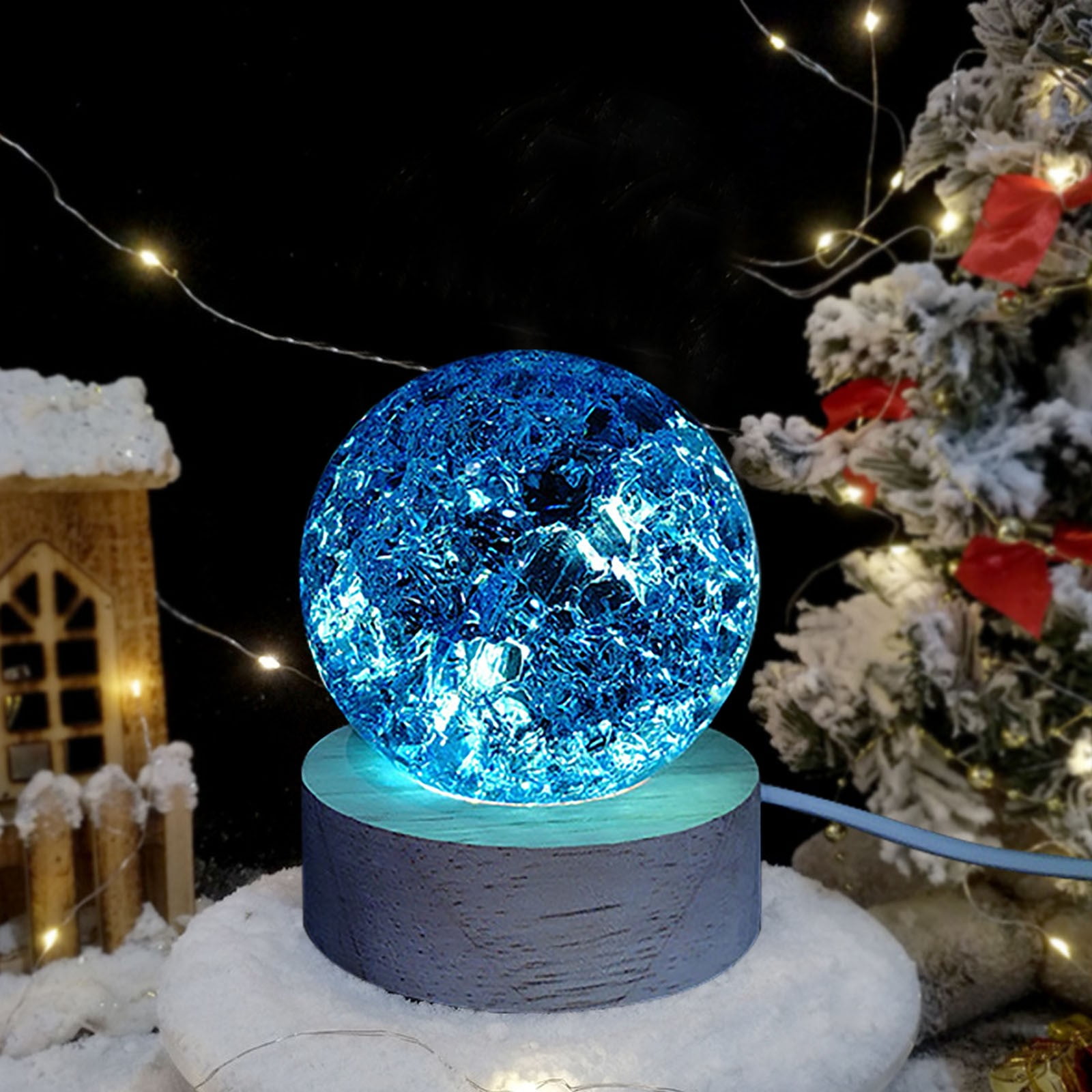 Blue Ice Cracked Glass Crystal Ball with LED Wooden Base,Decorative ...