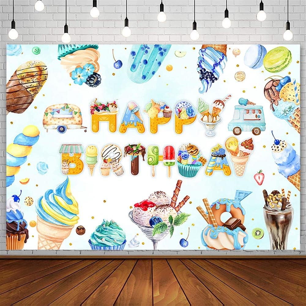 Blue Ice Cream Birthday Backdrop for Kids Summer Ice Cream Happy ...