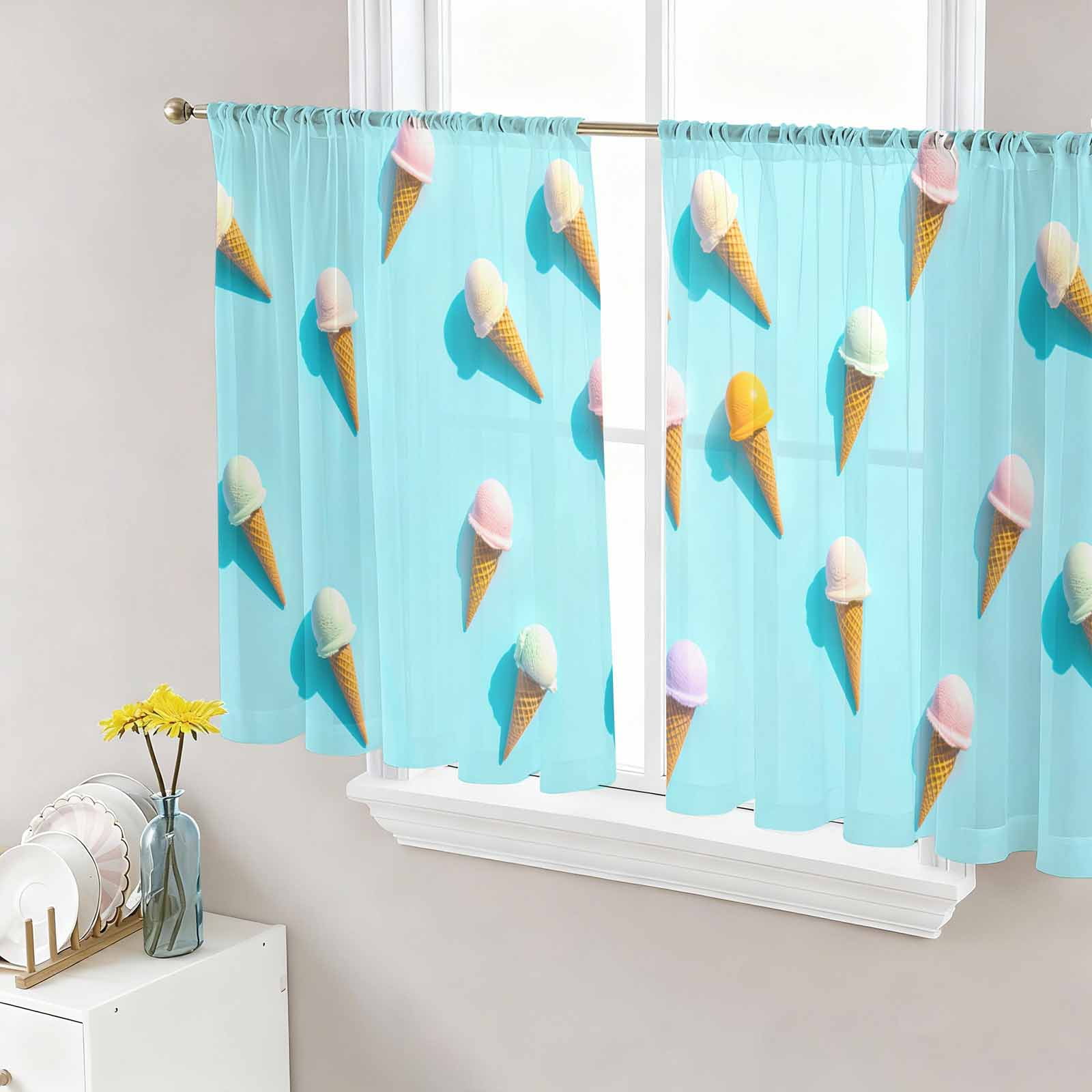 Blue Ice Cream Semi Sheer Curtains 54 Inch Length 2 Panels Set, Summer ...