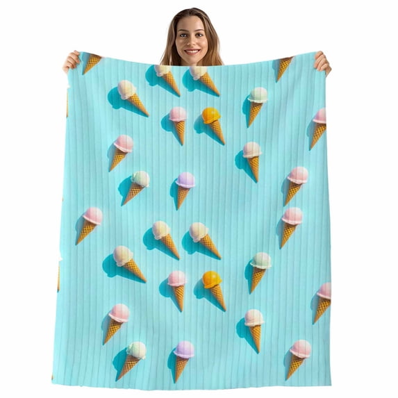 Blue Ice Cream Throw Blanket, Flannel Fleece Blanket with Striped ...