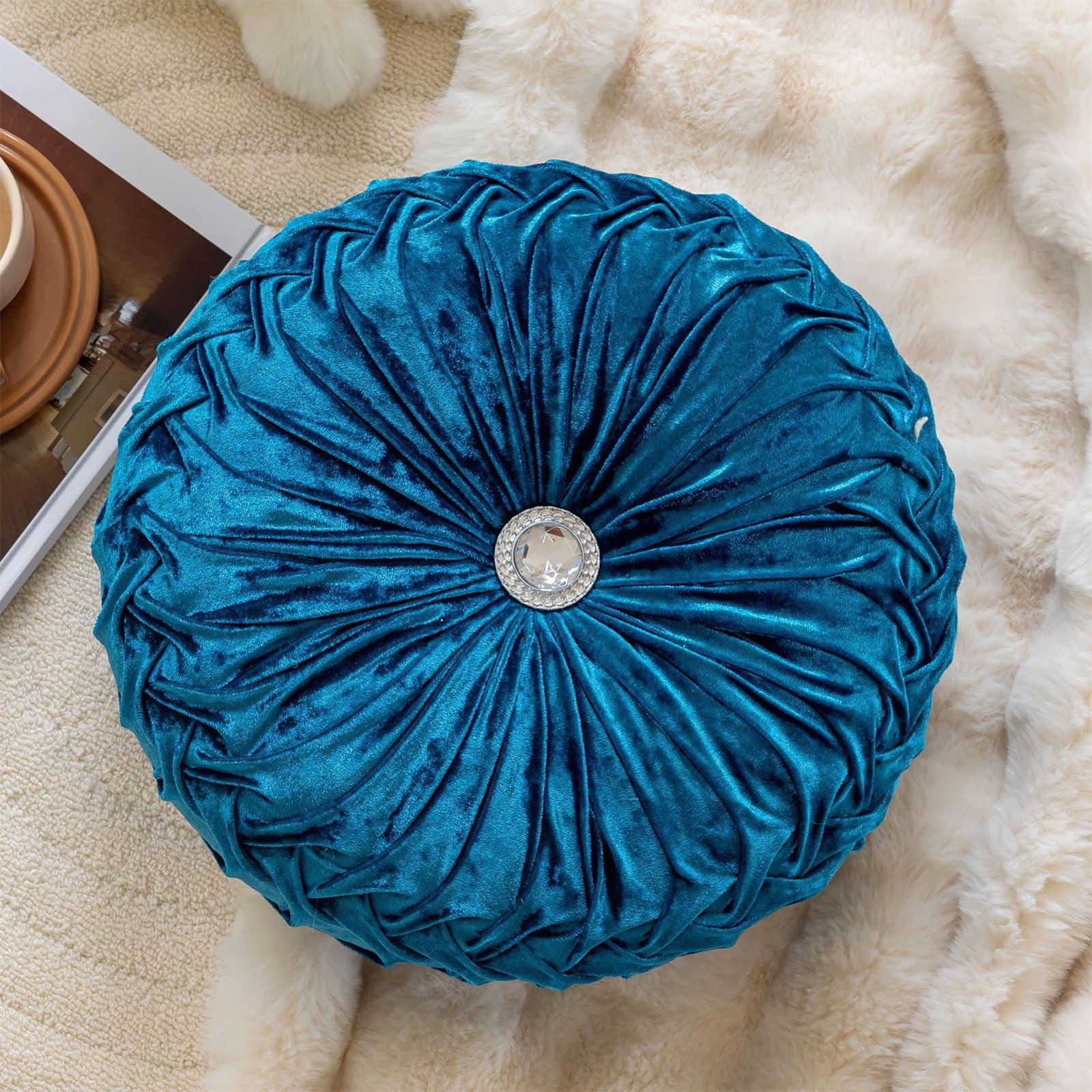 Blue Ice Flower Velvet Wheel Pillow 13.78 Inches Round Decorative Throw ...