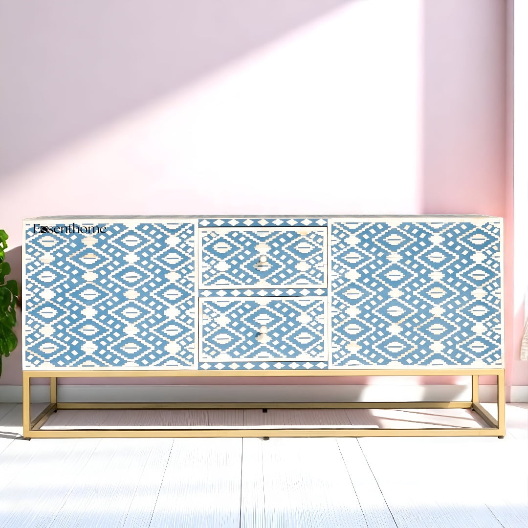 Blue Ikat Bone Inlay Media Console – Cabinet with Brass Base, Resin ...