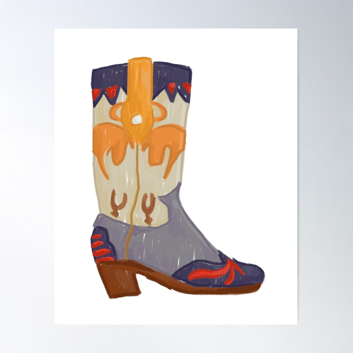 Blue Illustrated Cowboy Boot Poster Wall Art, Modern Wall Decor For ...