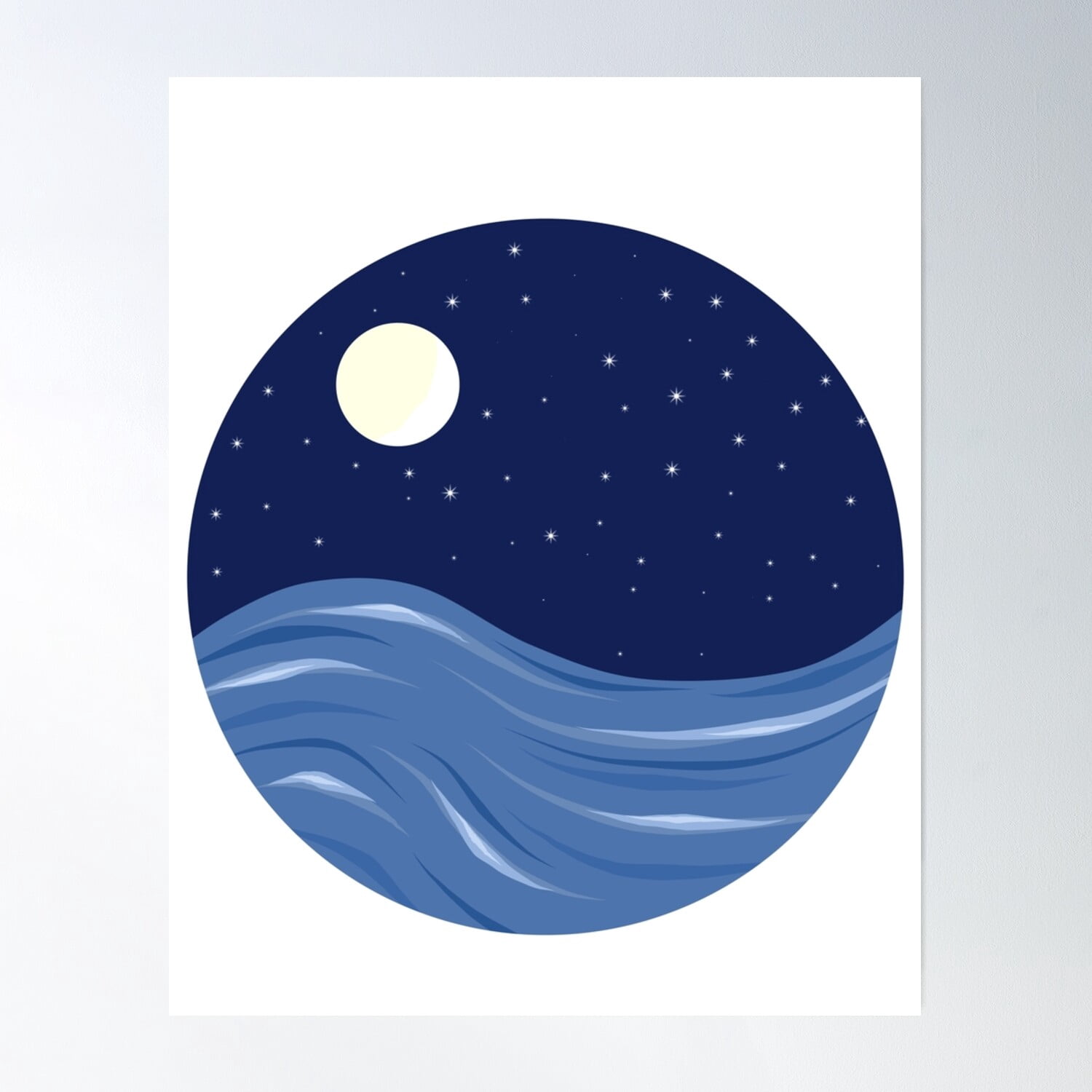 Blue Illustration Moon And Waves - Starry Night Poster Wall Art, Modern ...