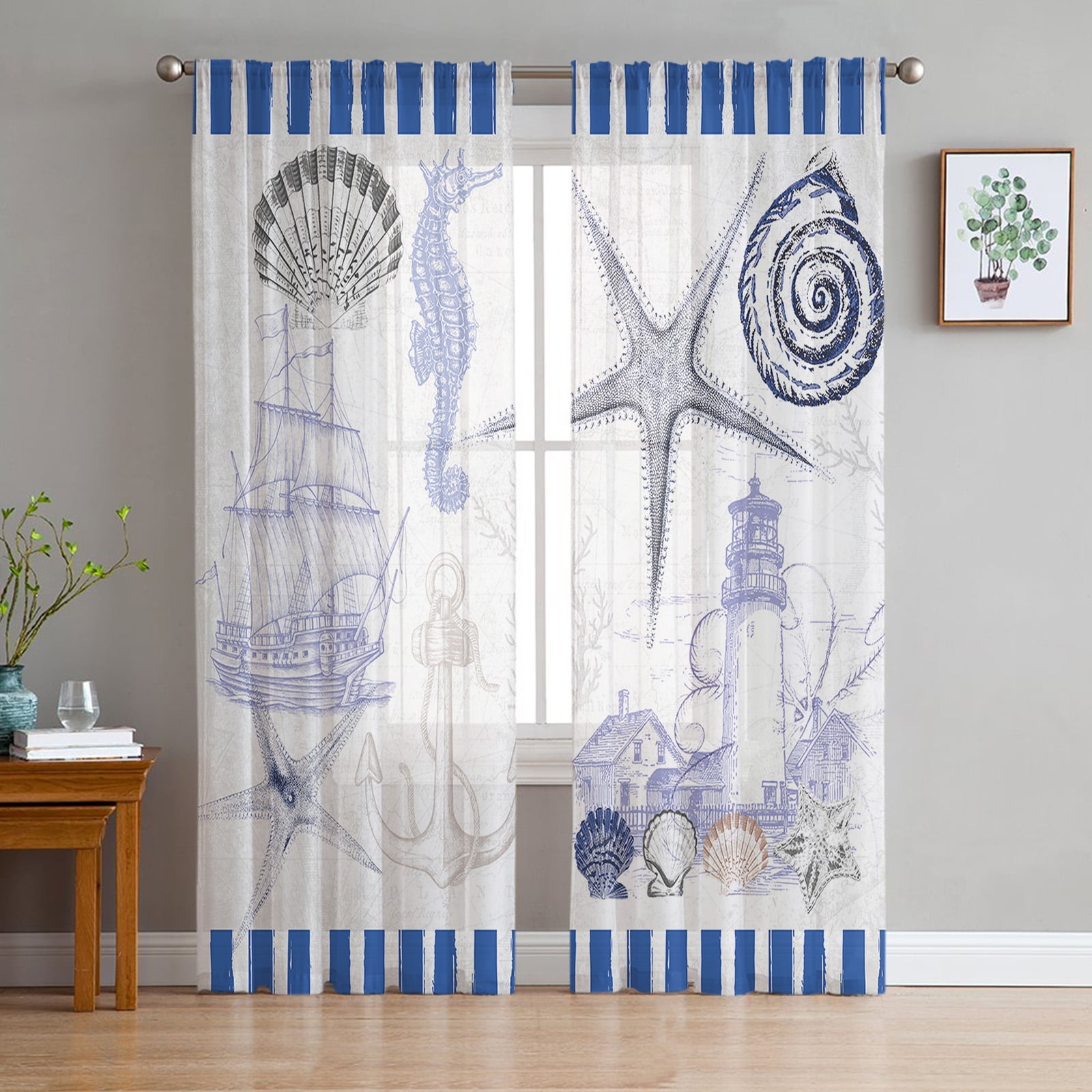 Blue Illustrative Lighthouse Boat House Sheer Curtain Living Room ...
