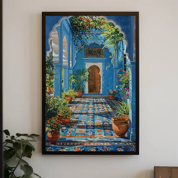 Blue Indian Palace Aangan, Indian Painting, Framed Canvas Wall Art ...