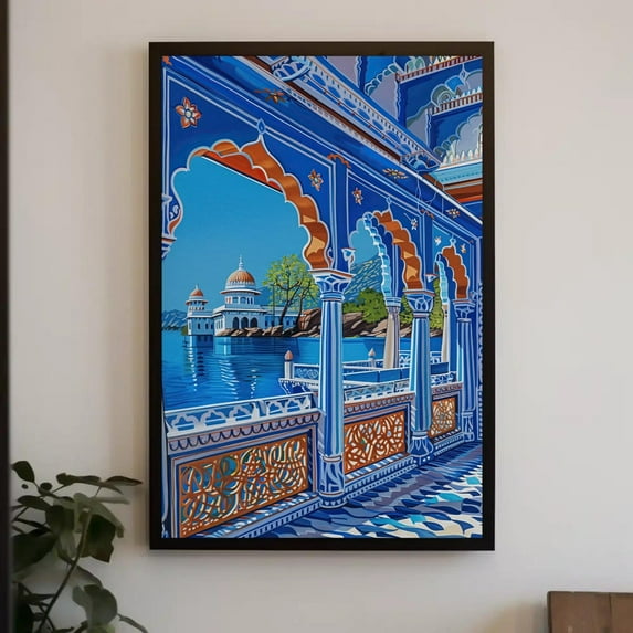 Blue Indian Palace Pond View Canvas Print | Traditional Indian Painting ...