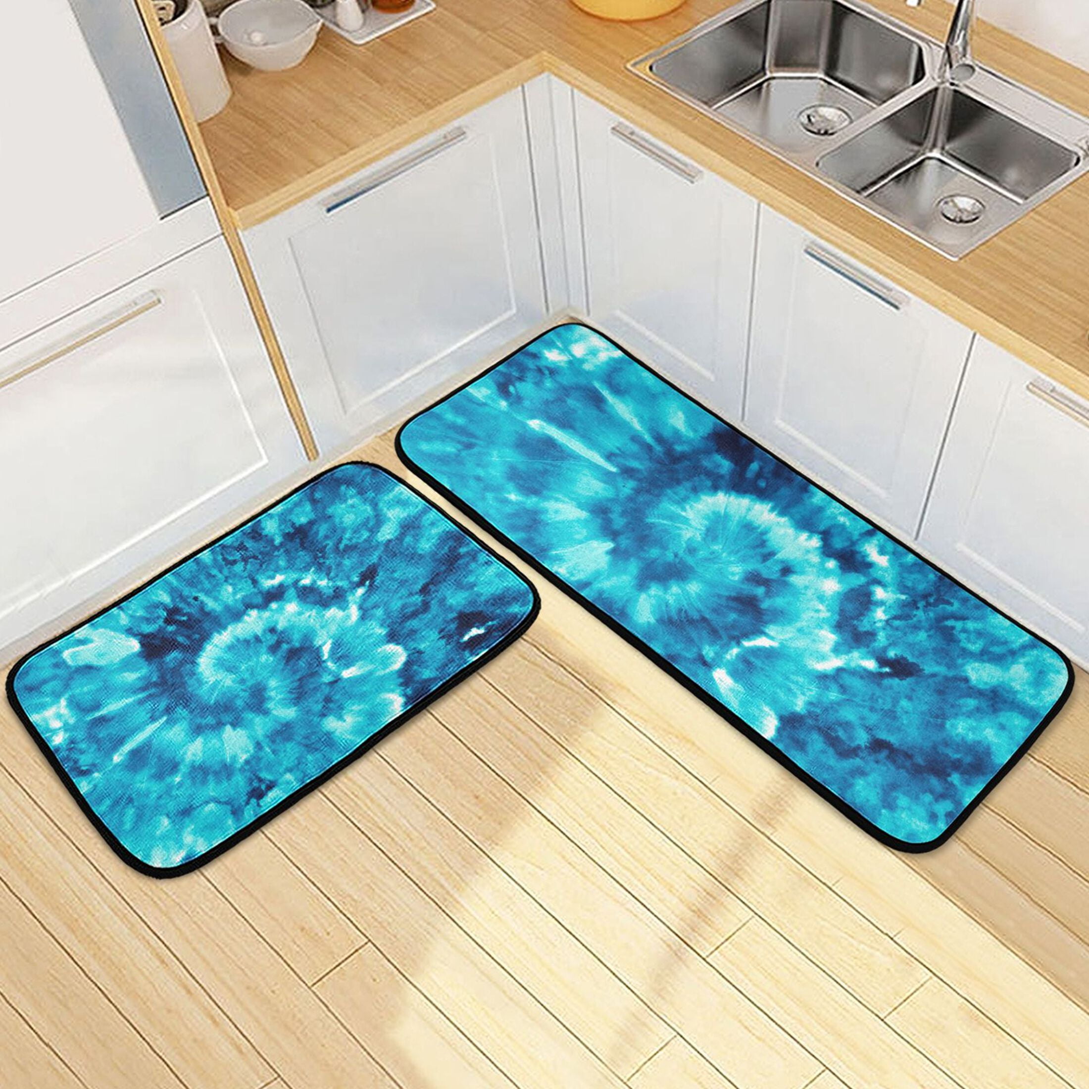 Blue Indigo Aztec Painted Kitchen Mats Set 2 Piece Non Slip Floor Foam ...