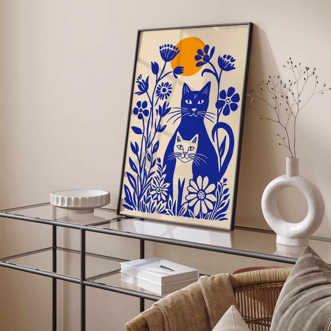 Blue Indigo Cats Art Retro Feline Home Decor, Stretched Canvas 16x20in ...