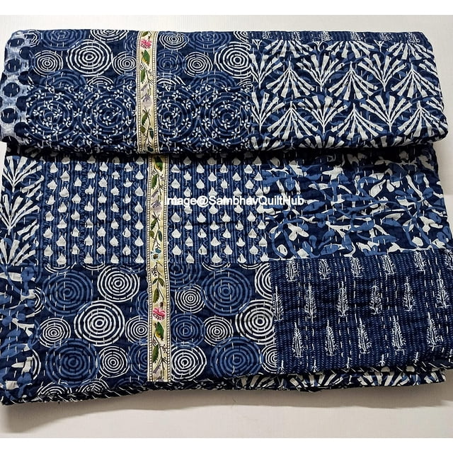 Blue Indigo Print Less Cotton Handmade Handblock Quilted Blanket Indian ...