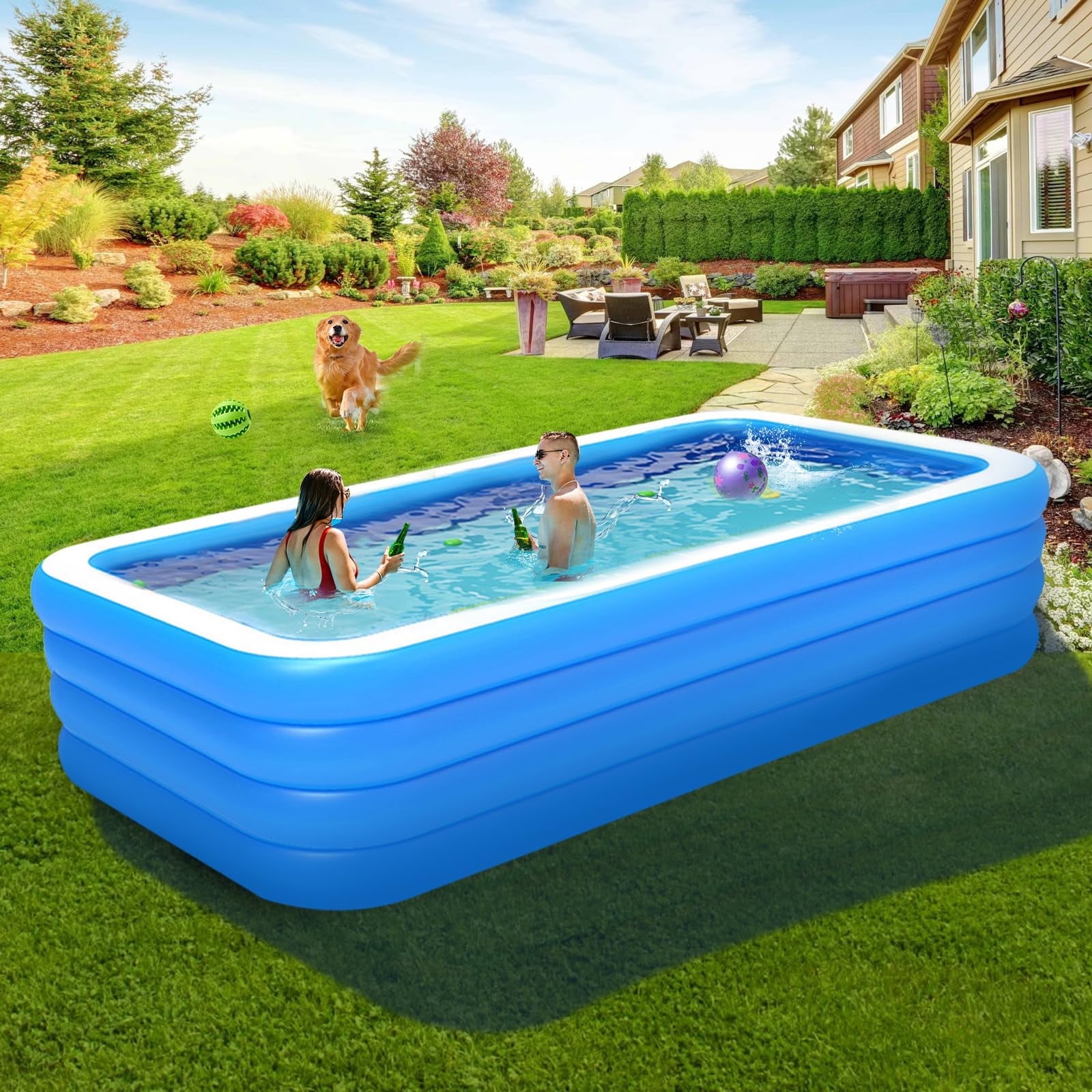 Large Blue Inflatable Swimming Pool - 141.73x70.87x27.56 In, Durable ...