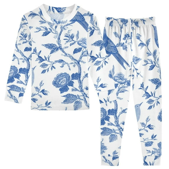 Blue Ink Birds Flowers Cotton Pajama Set Long Sleeve Top and Pants ...