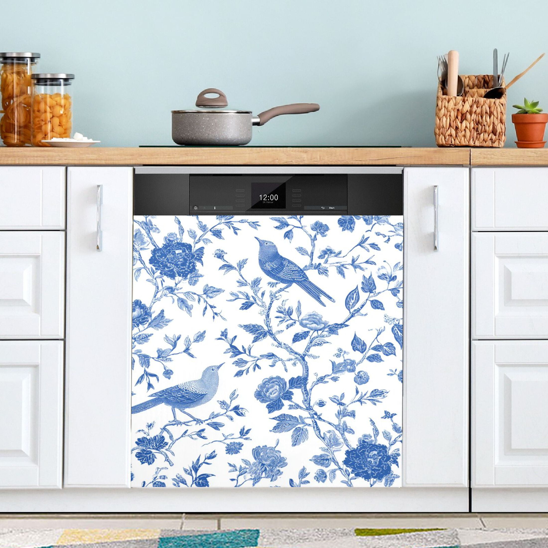 Blue Ink Birds Flowers Dishwasher Magnet Refrigerator Magnetic Cover ...