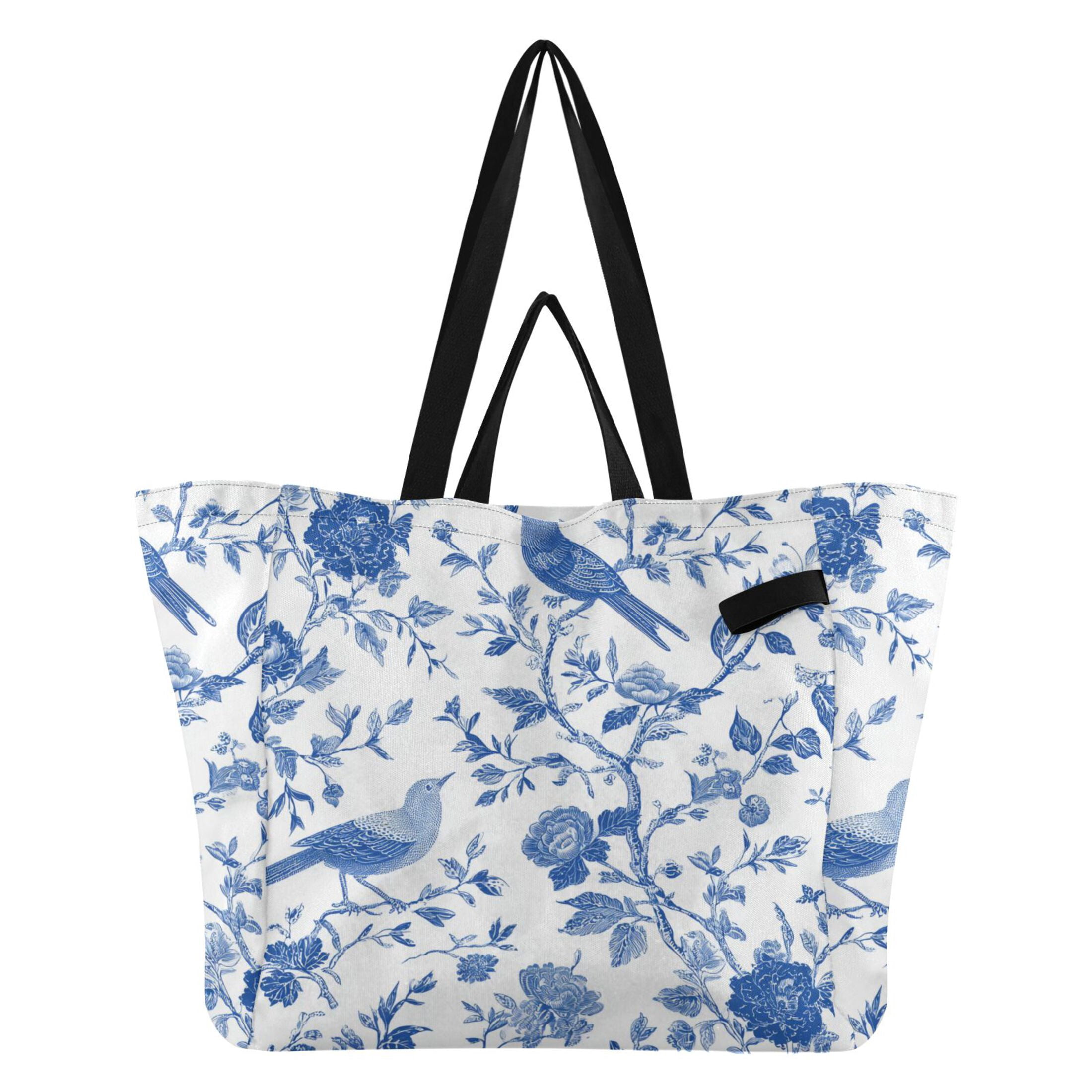 Blue Ink Birds Flowers Foldable Canvas Tote Bags Reusable Grocery Bags ...