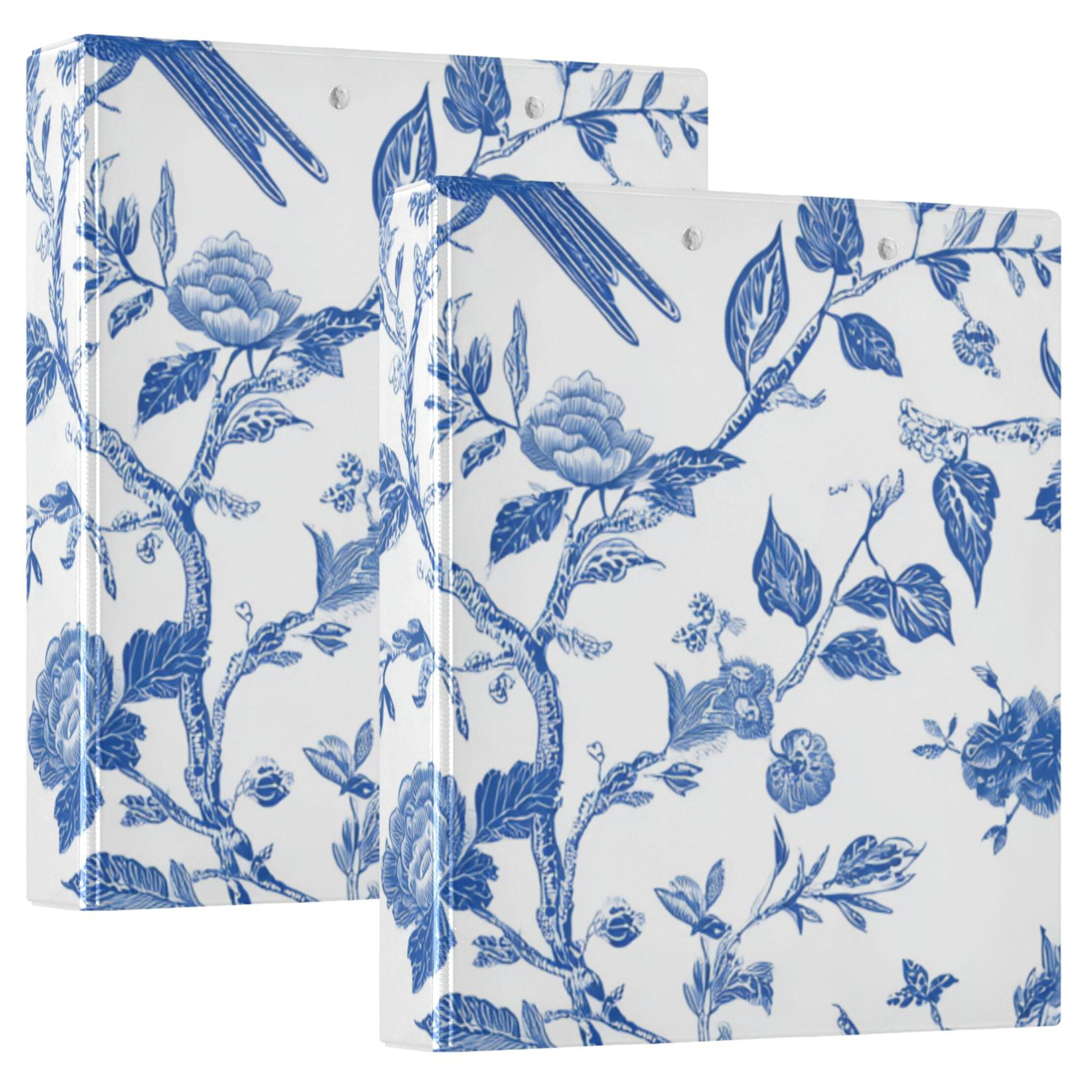 Blue Ink Birds Flowers Round Ring Binder 3 Rings 1.5" Capacity File ...