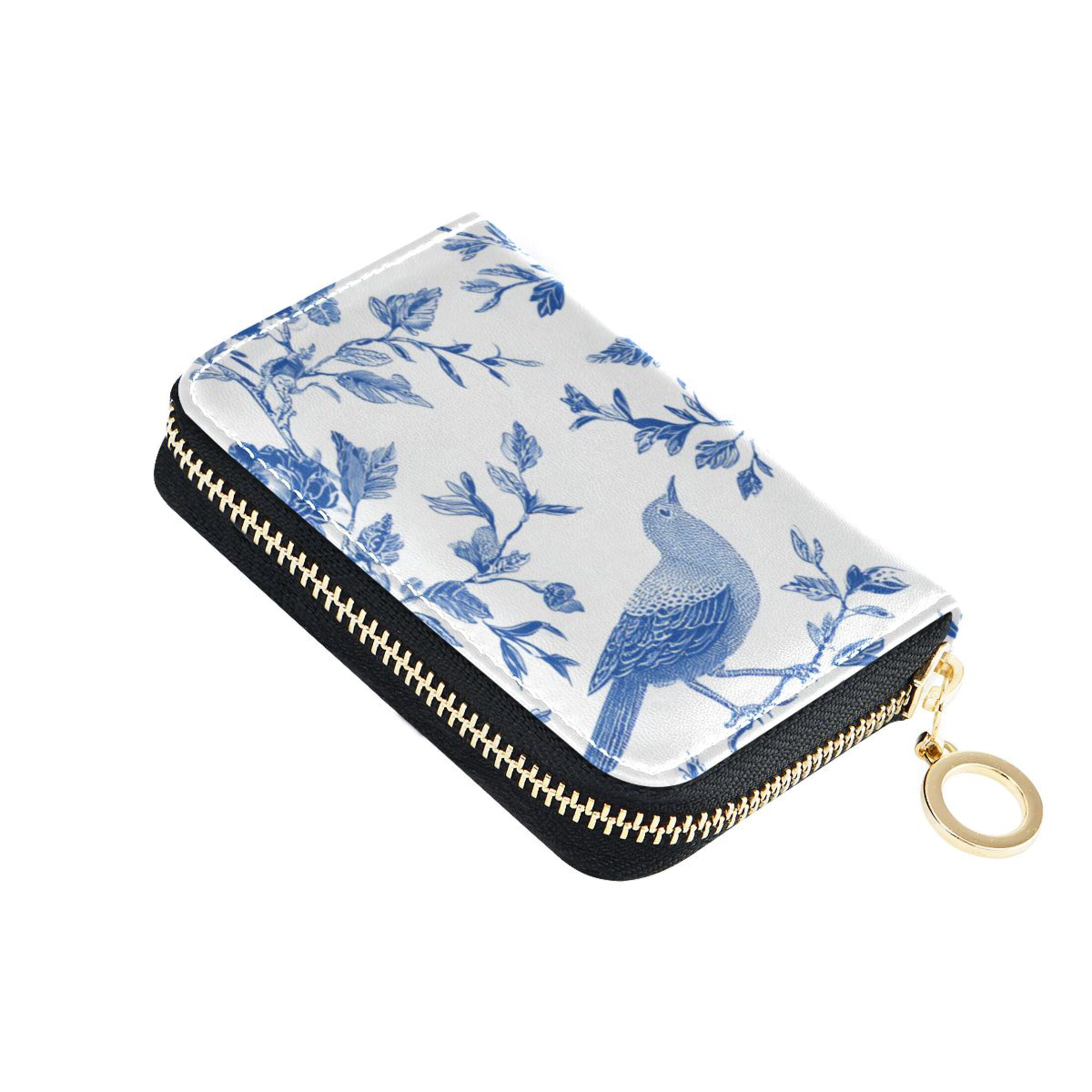 Blue Ink Birds Flowers Women's Credit Card Holder PU Leather Zipper ...