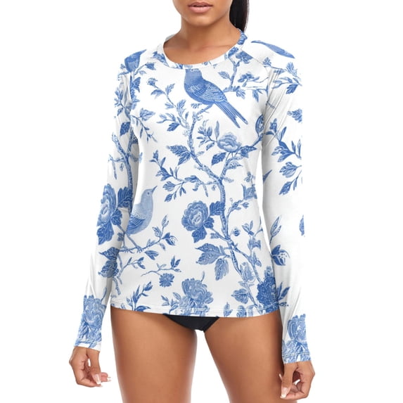 Blue Ink Birds Flowers Women's Rash Guard Shirts UPF 50+ Sun Protection ...